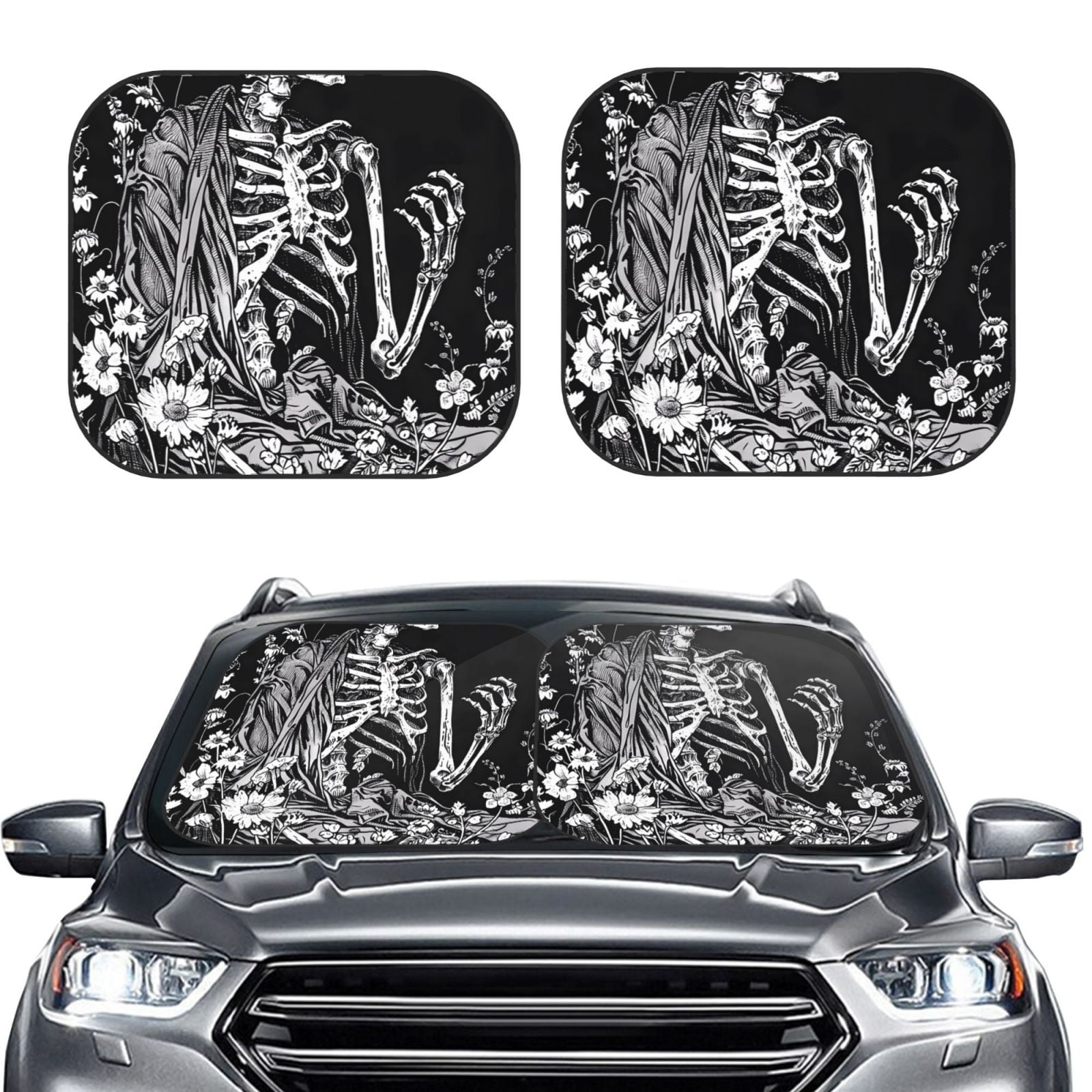 Picia Gothic Skull Floral Art 2 Piece Car Windshield Sun Shade Foldable ...