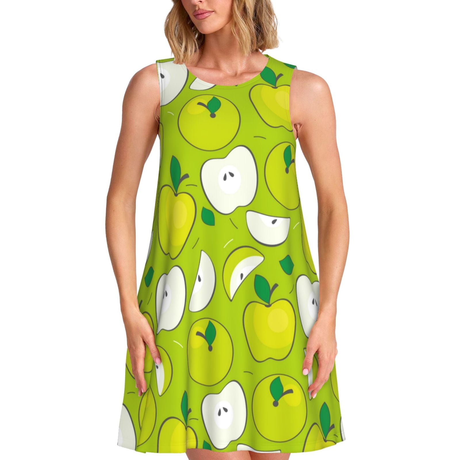 Picia Green Apple Print Women’s Sleeveless Midi Swing Dress – A-Line ...