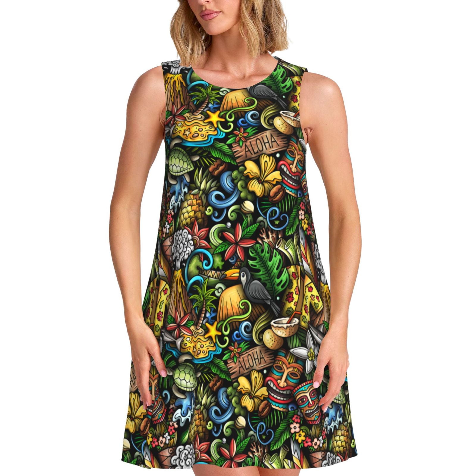 Picia Hawaiian Culture Symbols Print Women’s Sleeveless Midi Swing ...