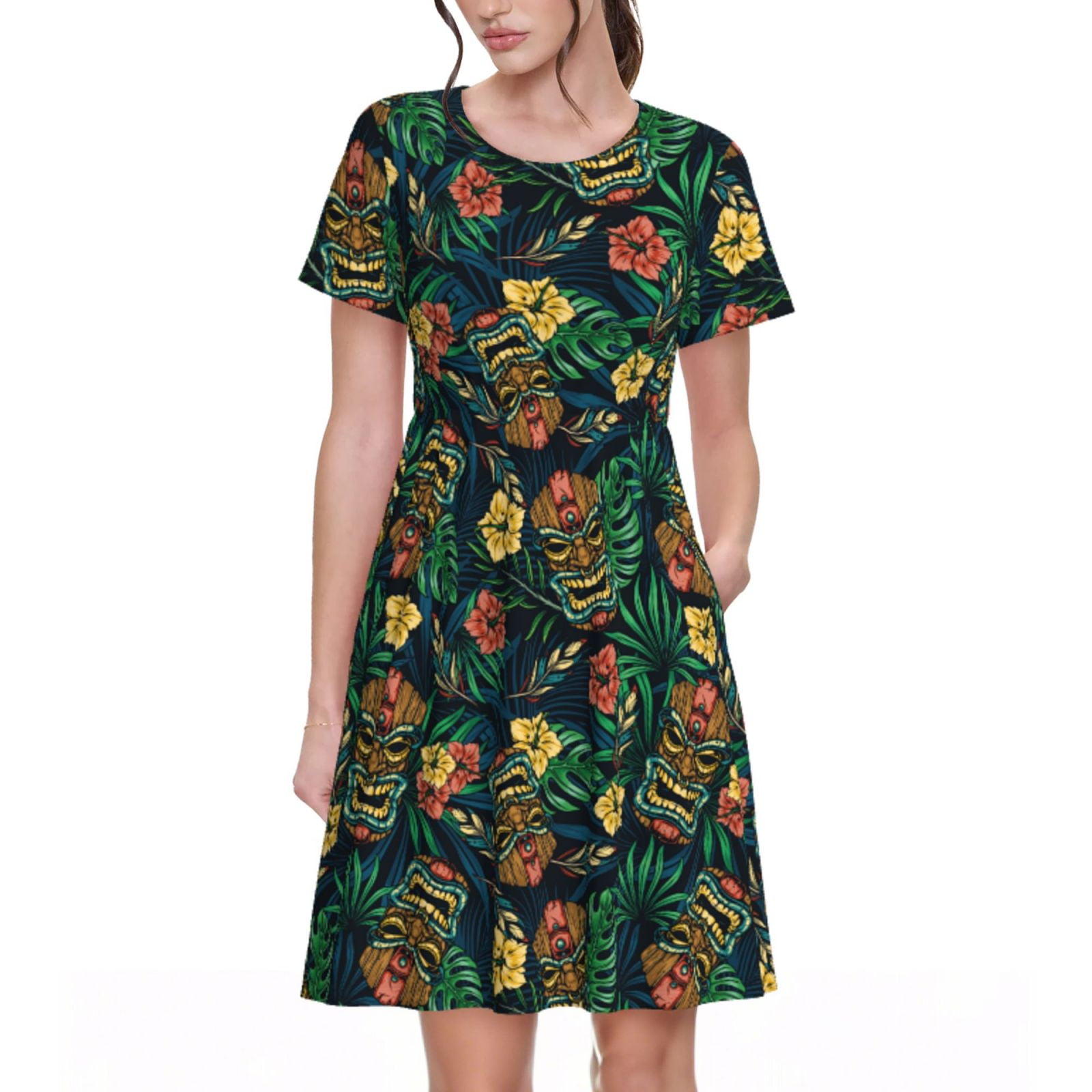 Picia Hawaiian Tribal Mask Pattern Women's Short Sleeve Summer Dress ...
