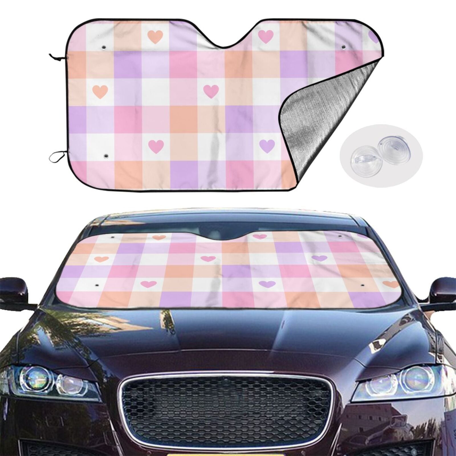 Picia Heart Buffalo Plaid Curved Windshield Sunshade Accordion Folding ...