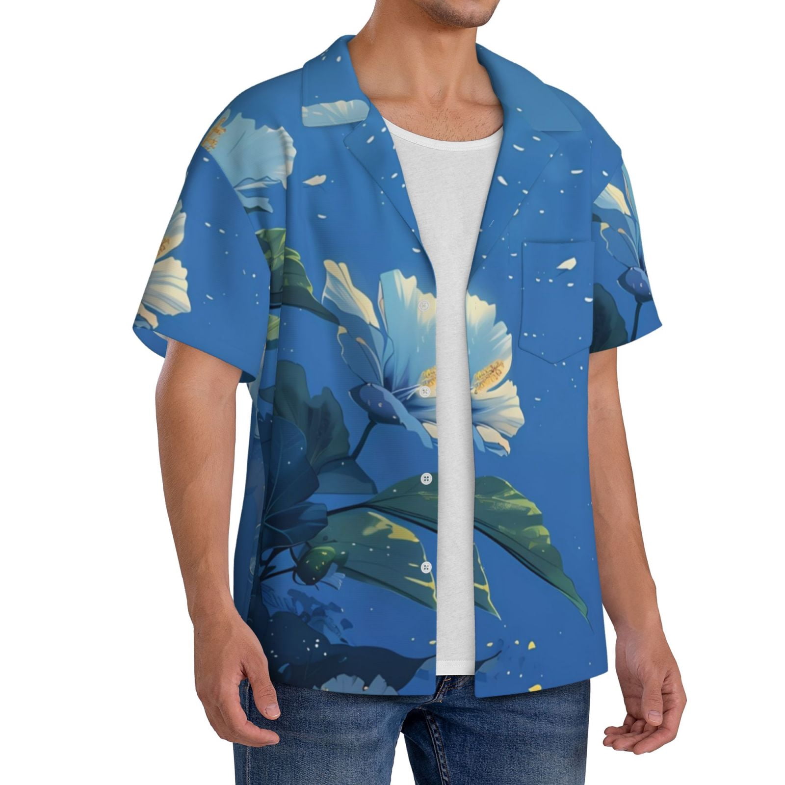 Picia Hibiscus Flowers Calm Water Men's Linen Shirts Short Sleeve Cuban ...