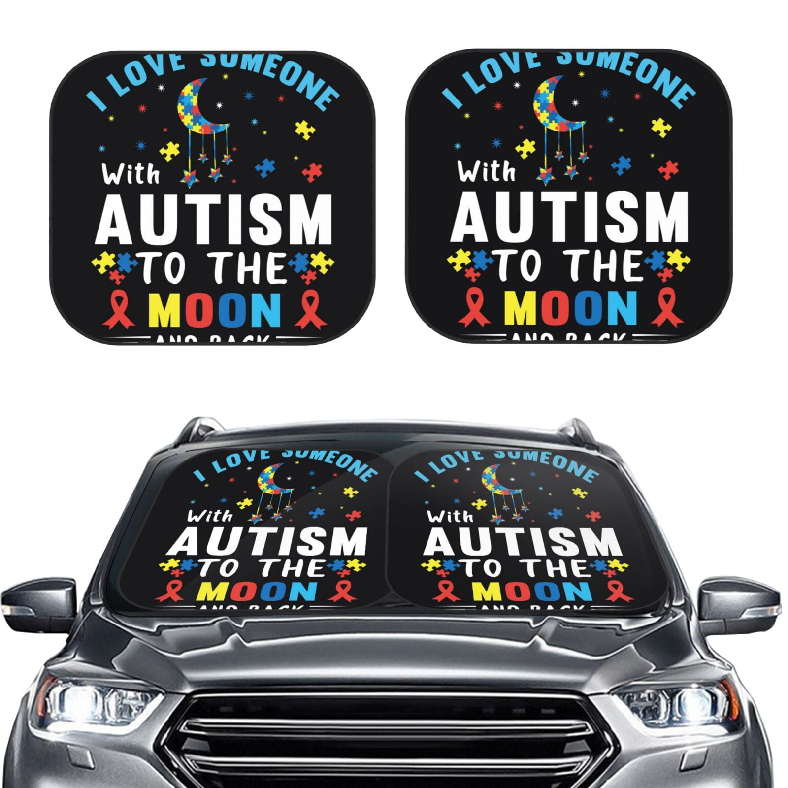 Picia I Love With Autism To The Moon And Back 2 Piece Car Windshield ...