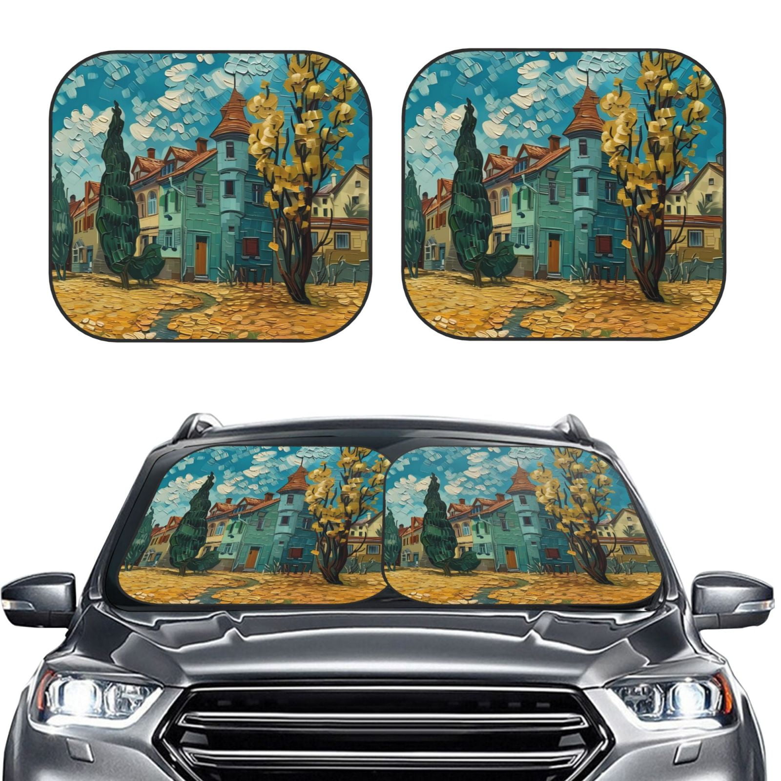 Picia Impressionist Village Sky 2 Piece Car Windshield Sun Shade ...