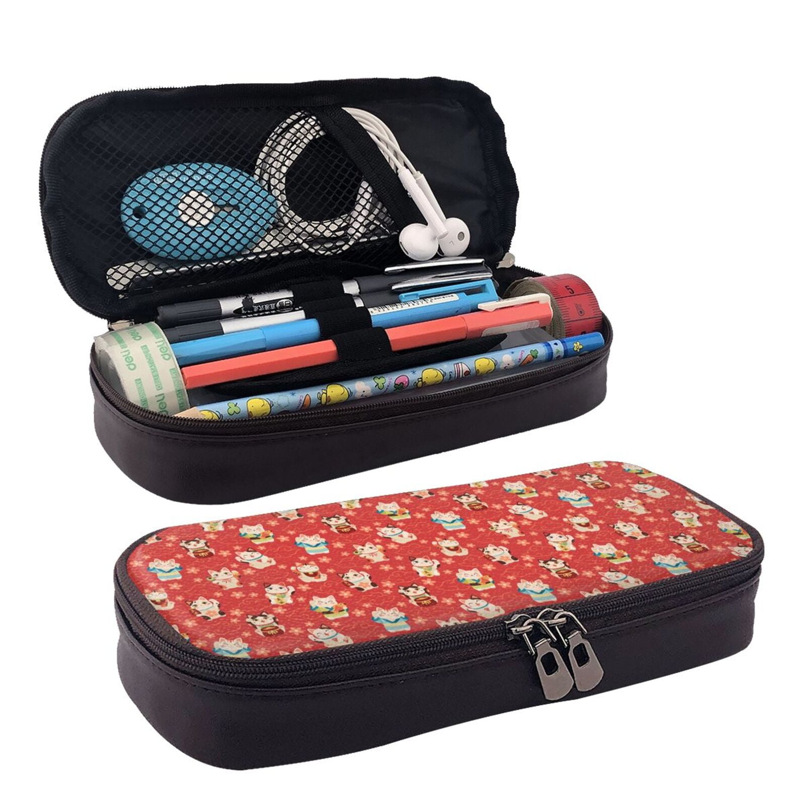 Picia Japanese Maneki Cats Pattern Large Capacity PU Leather Pencil Case Organizer Pen Marker ...