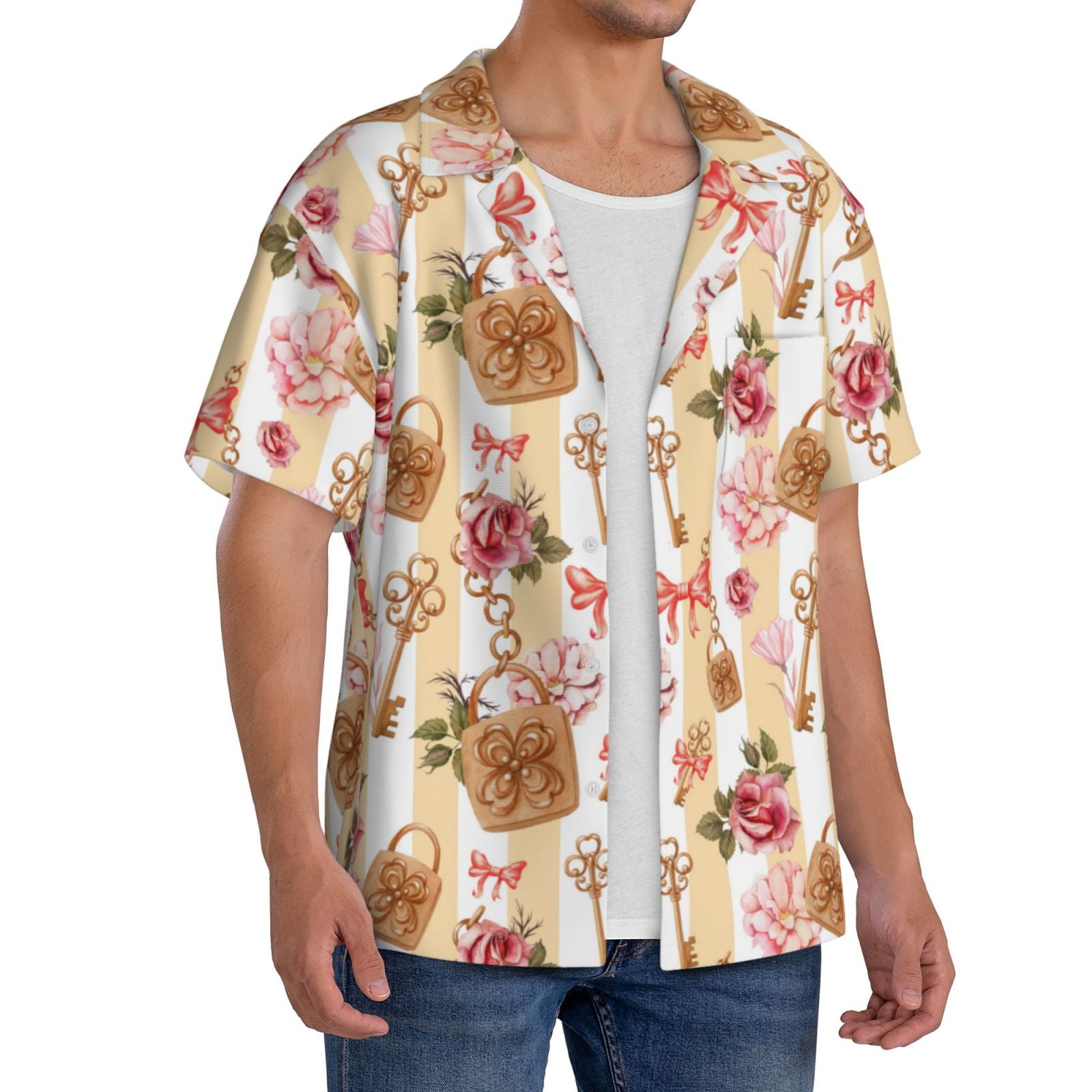 Picia Key Lock And Flowers Men's Linen Shirts Short Sleeve Cuban Beach ...