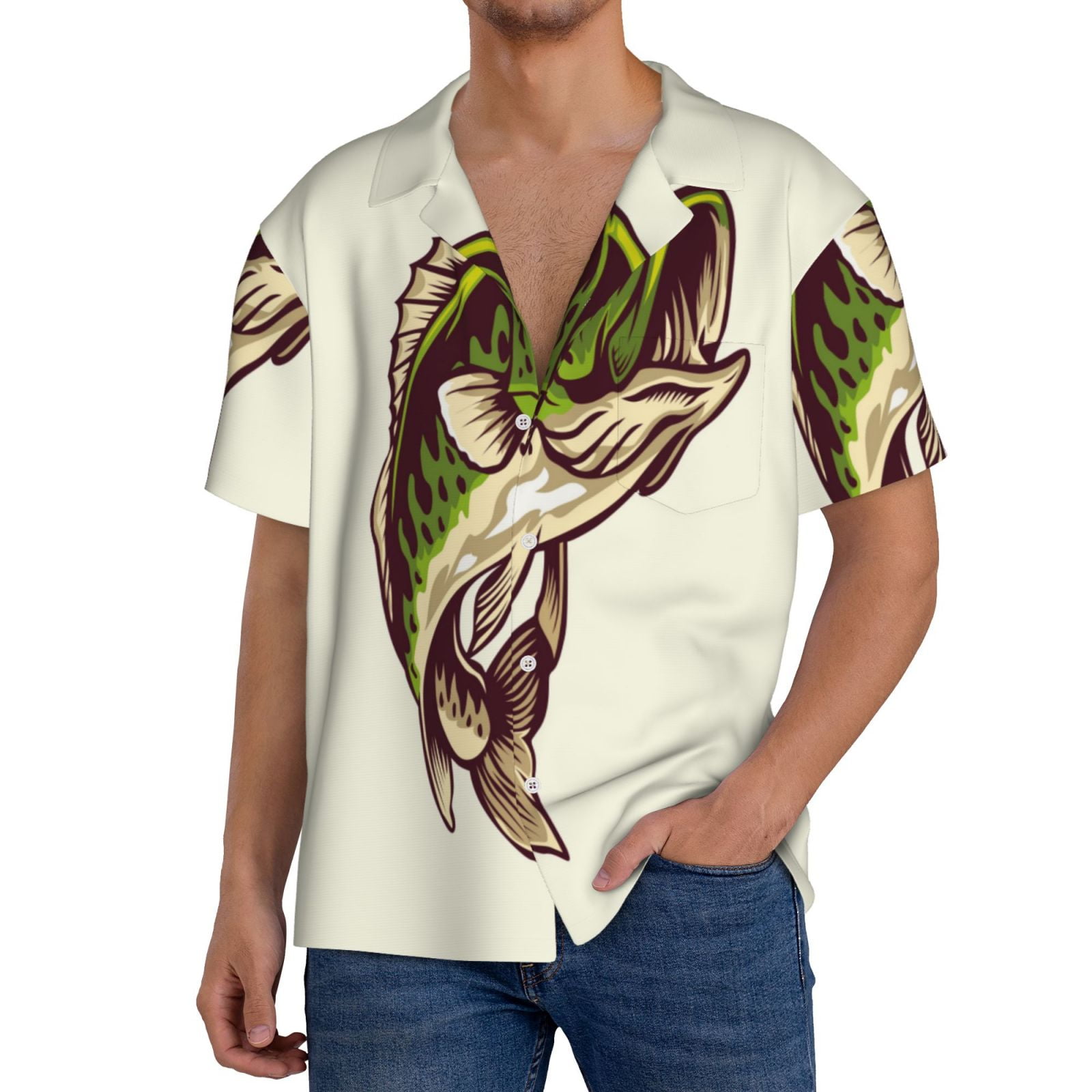 Picia Largemouth Bass Fish (3) Pattern Men's Linen Shirts Short Sleeve ...