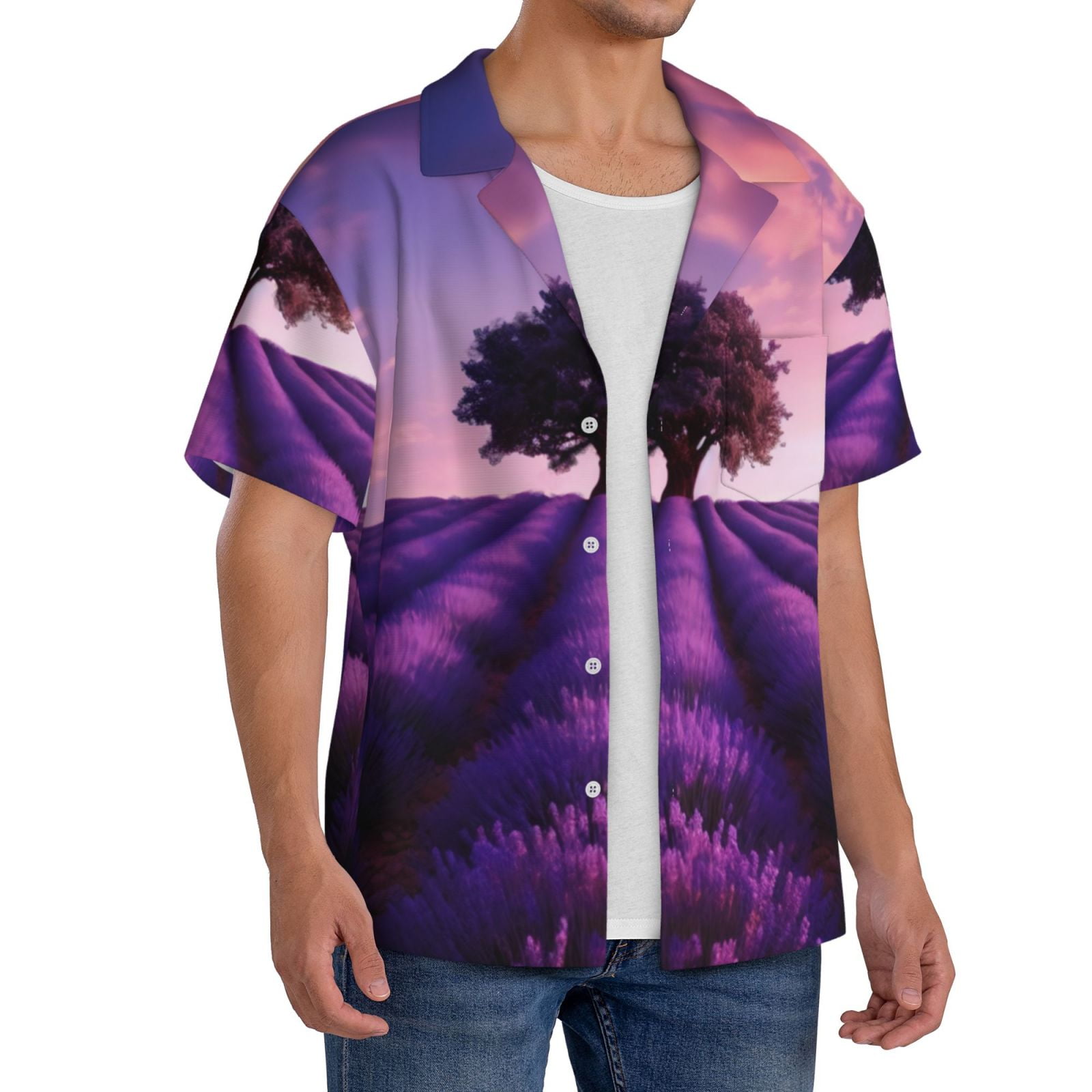 Picia Lavender Field Sunset Men's Linen Shirts Short Sleeve Cuban Beach ...