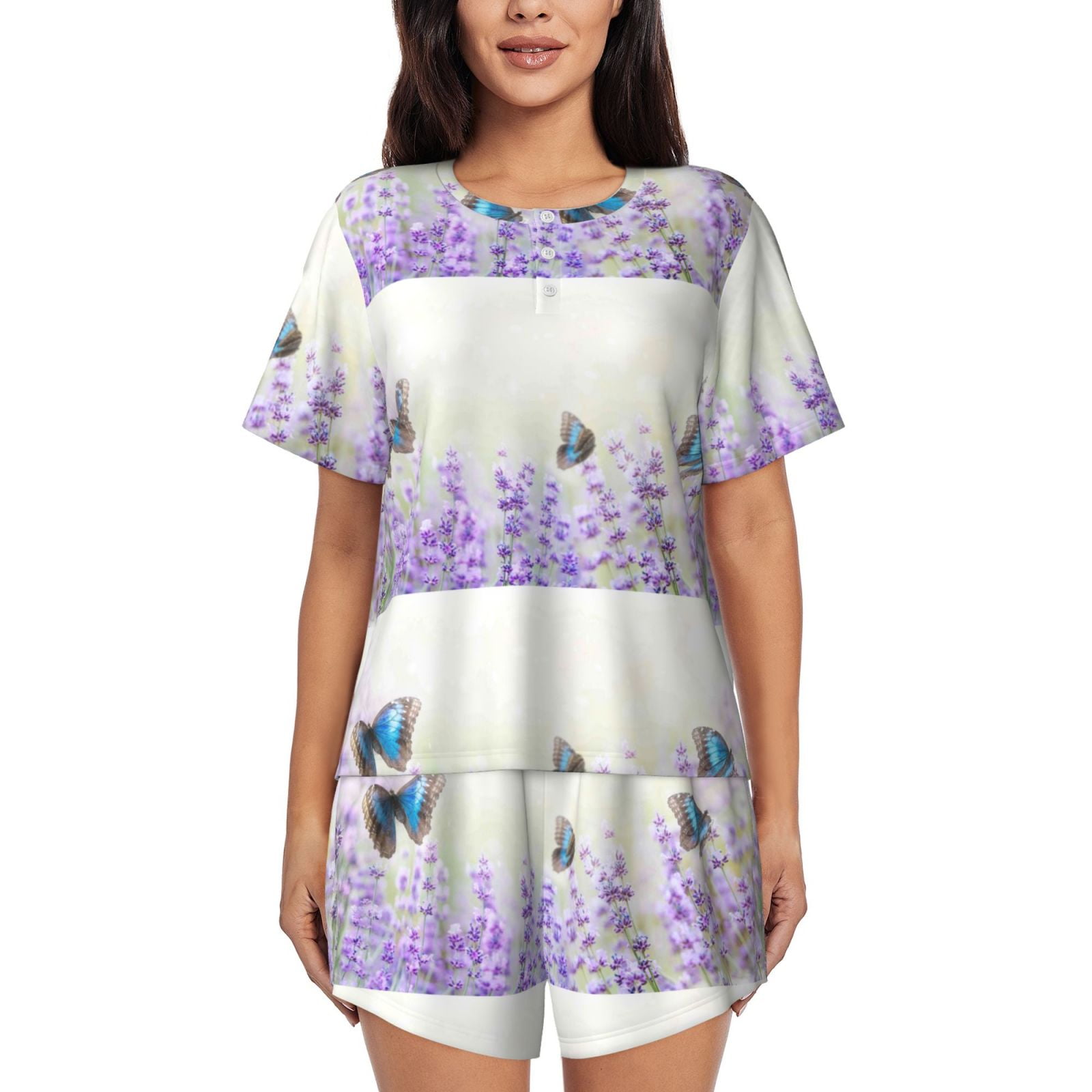 Picia Lavender and Butterfly Pajamas Sets for Women Soft Short-Sleeved ...