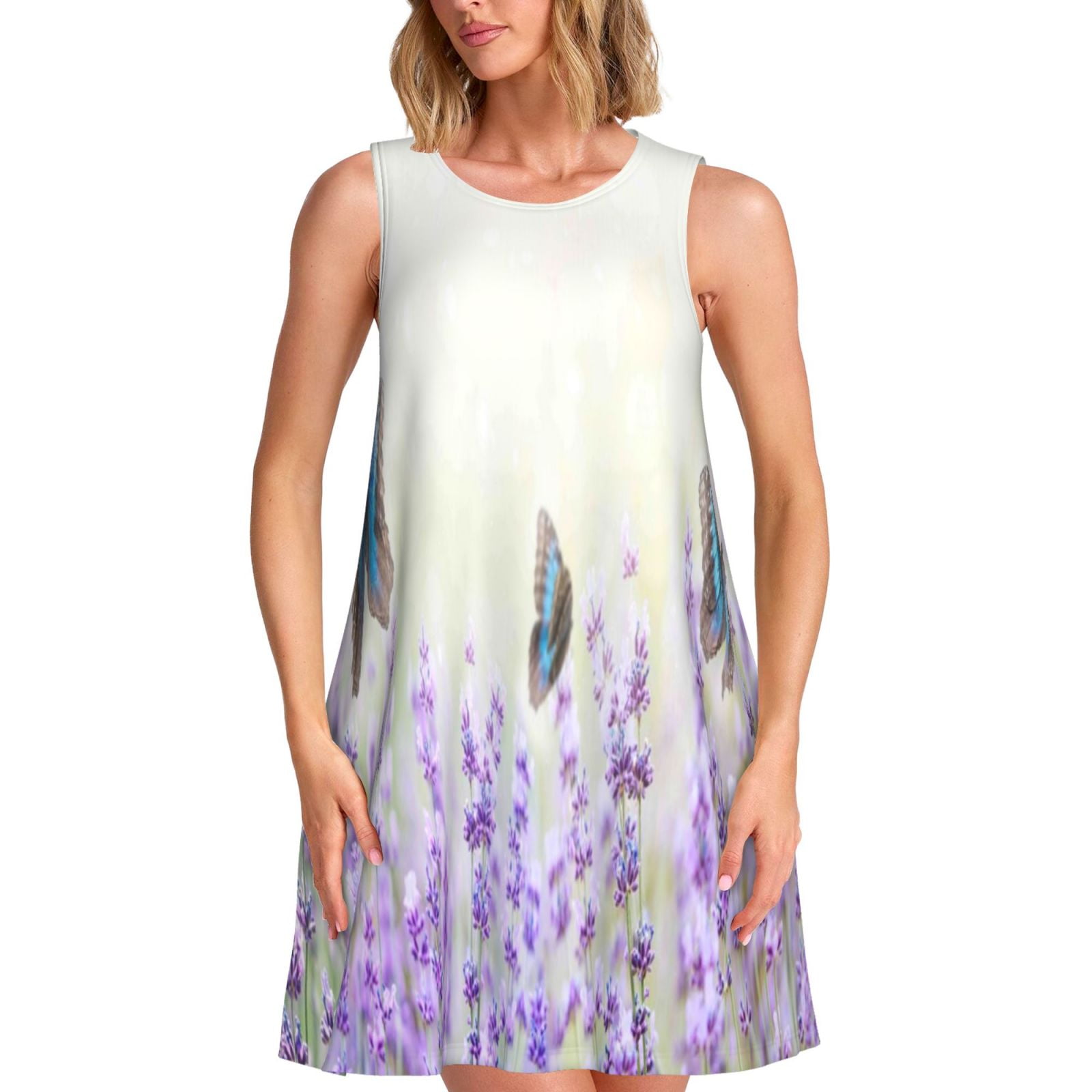Picia Lavender and Butterfly Print Women’s Sleeveless Midi Swing Dress ...