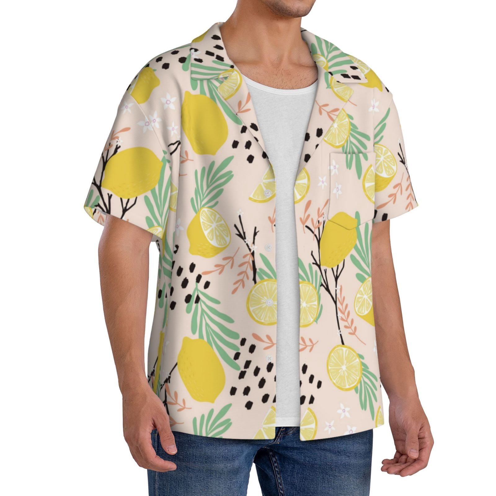 Picia Lemon Leaves Men's Linen Shirts Short Sleeve Cuban Beach Shirts ...