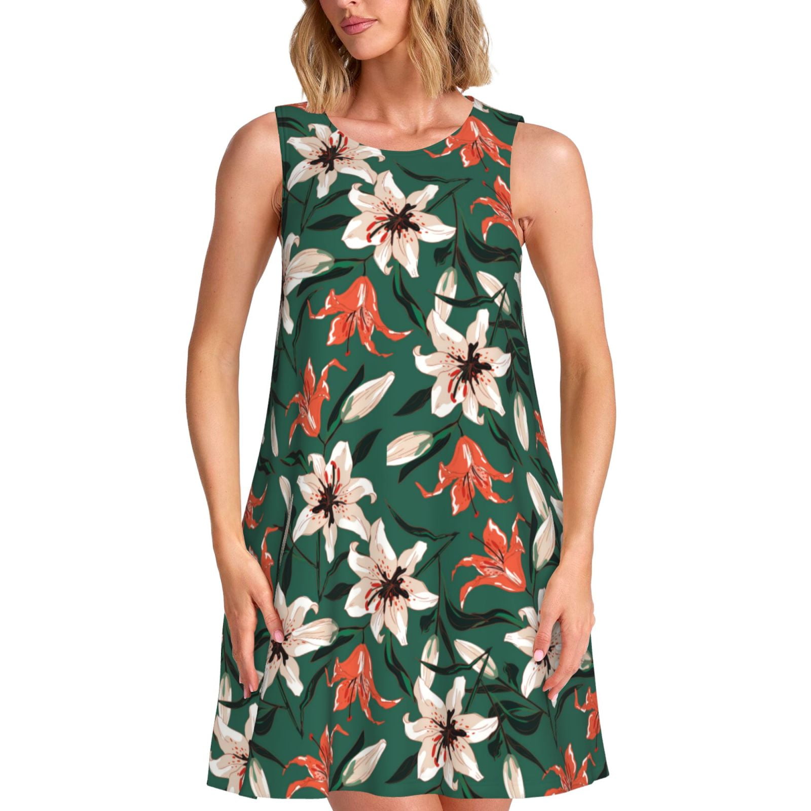 Picia Lilies Flowers Print Women’s Sleeveless Midi Swing Dress – A-Line ...