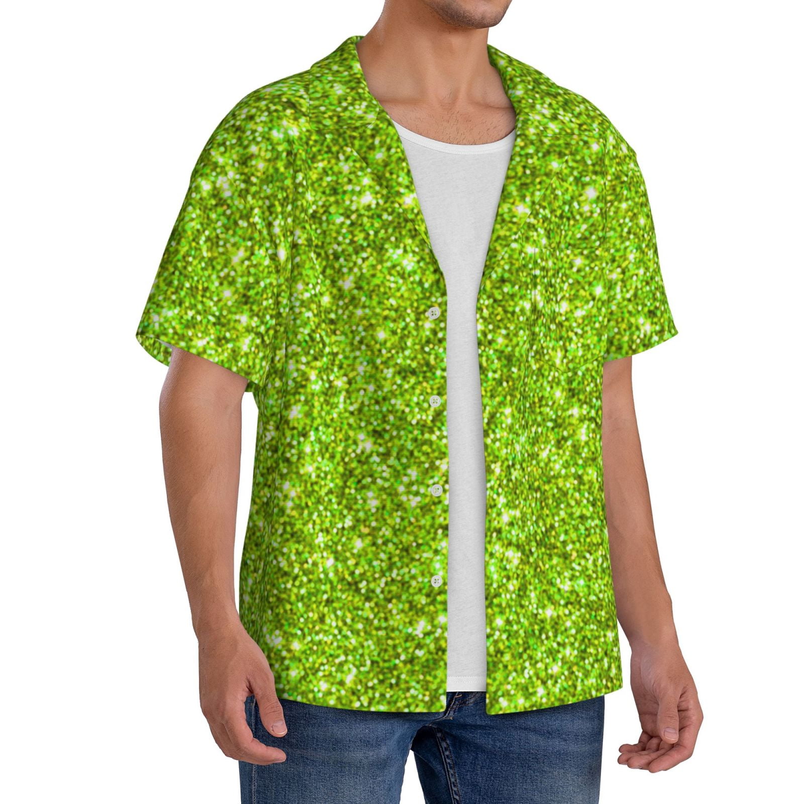 Picia Lime green glitter Men's Linen Shirts Short Sleeve Cuban Beach ...