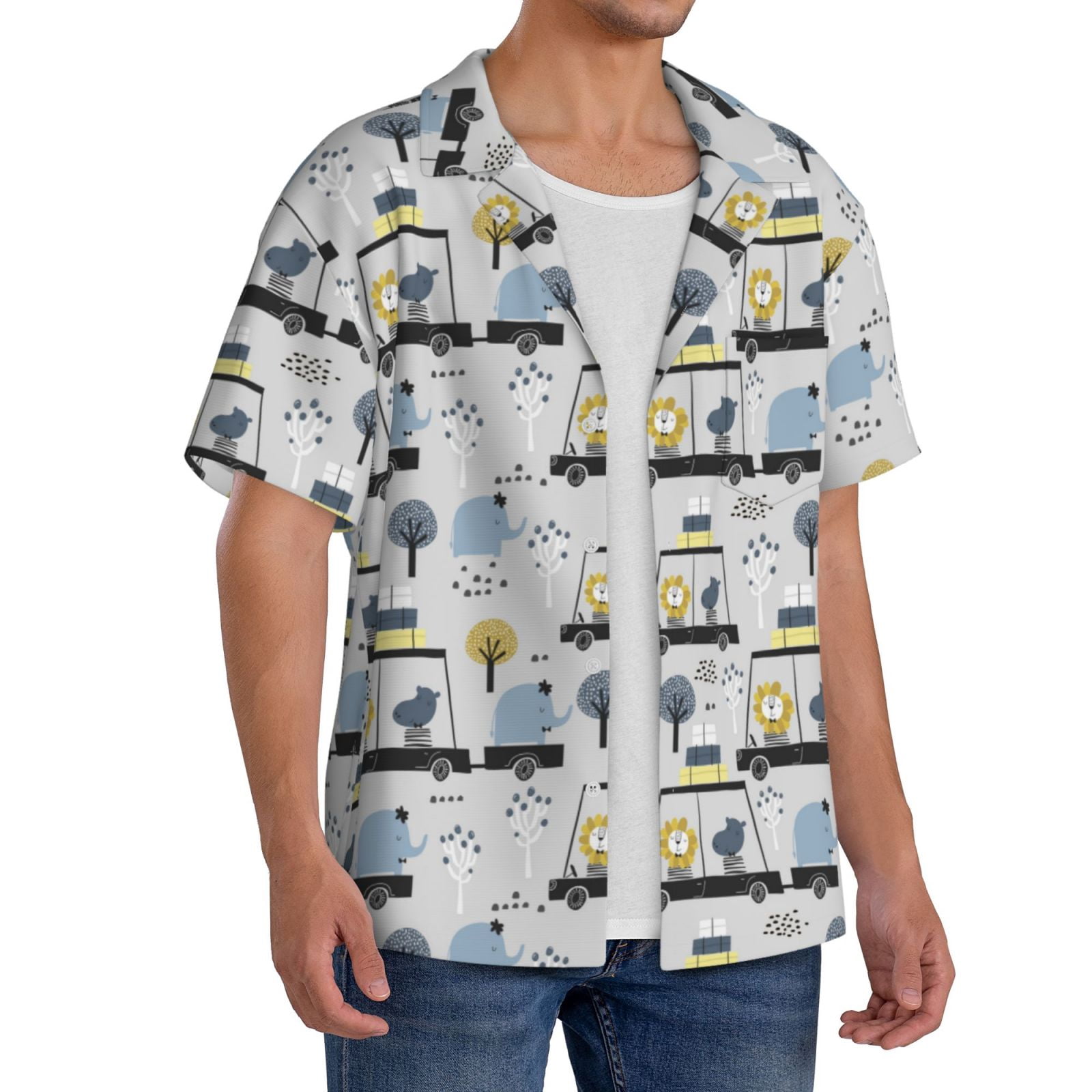 Picia Lion Hippo Elephant On The Car Men's Linen Shirts Short Sleeve ...