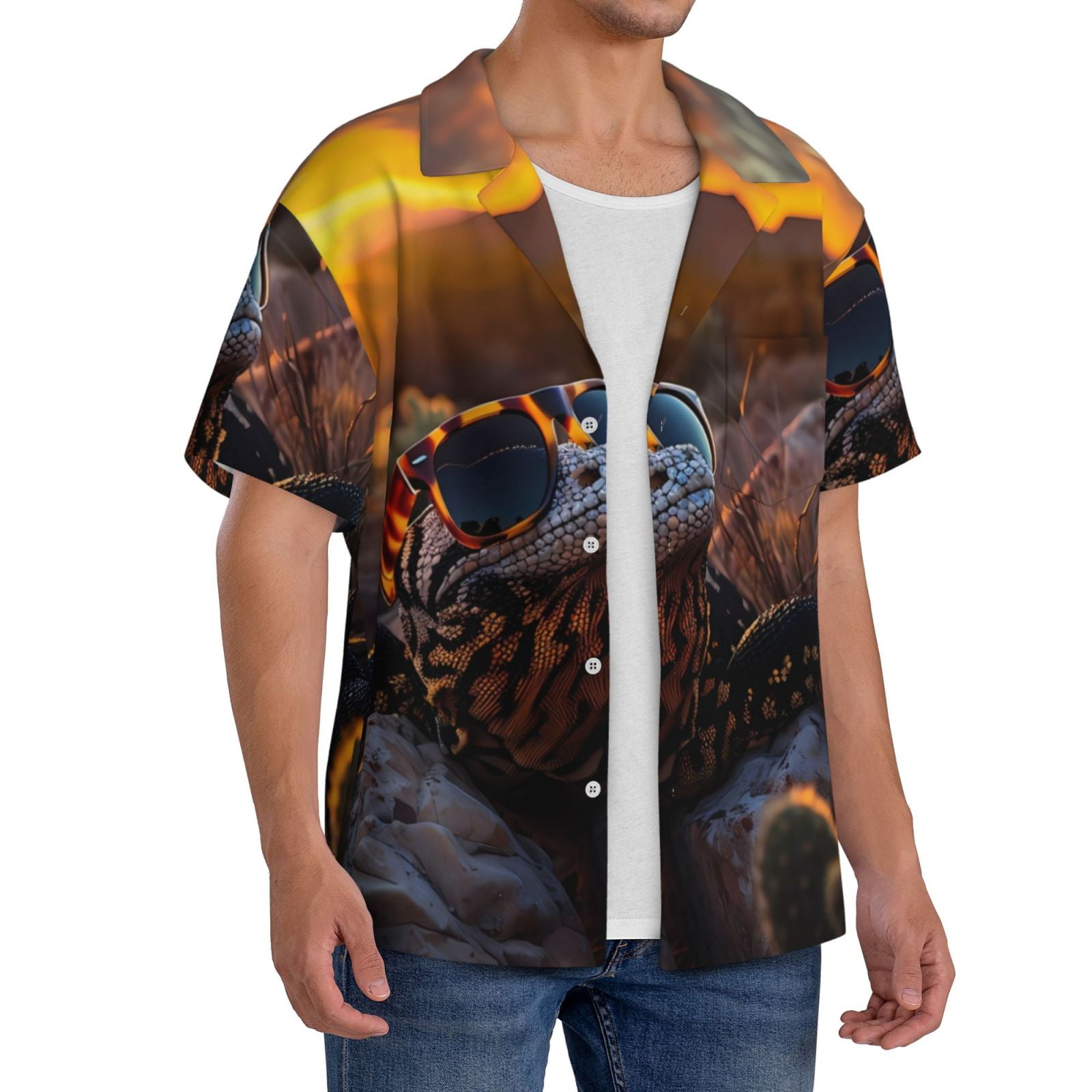 Picia Lizard With Sunglasses Sunset Men's Linen Shirts Short Sleeve ...