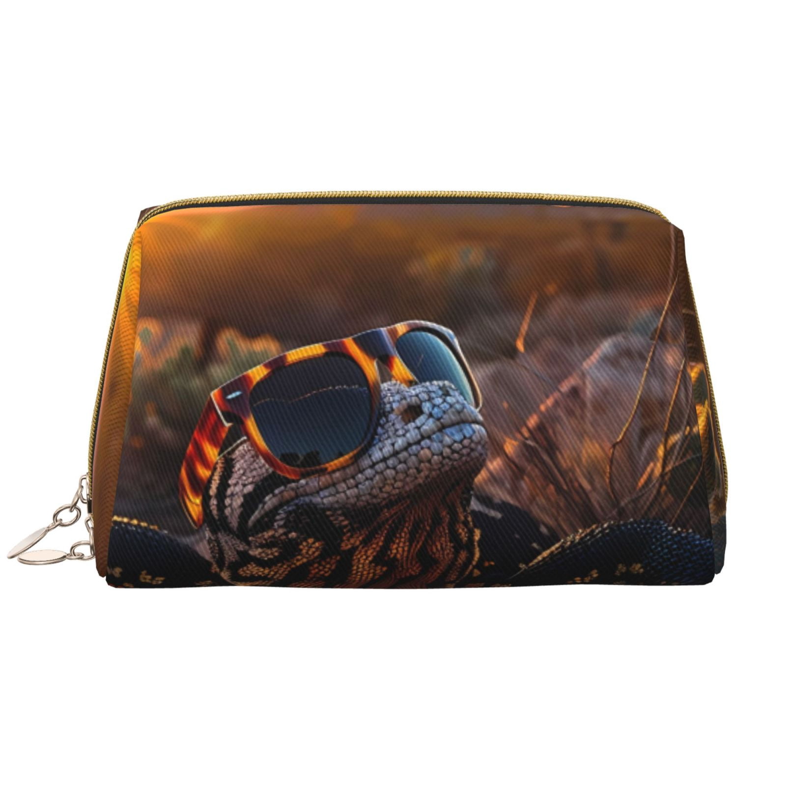 Picia Lizard With Sunglasses Sunset Print Leather Makeup Bag Make Up ...