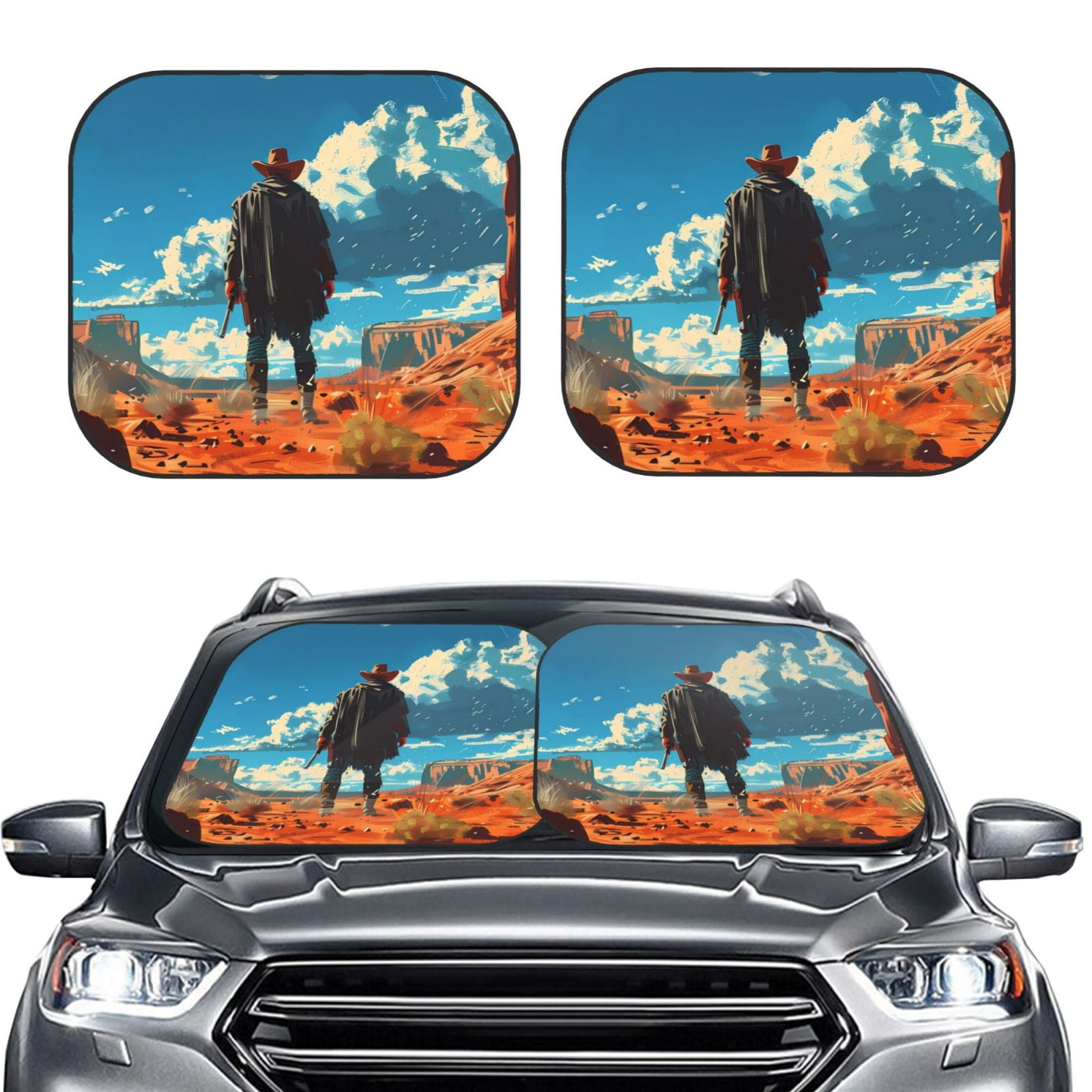 Picia Lone Cowboy Desert Scene 2 Piece Car Windshield Sun Shade ...