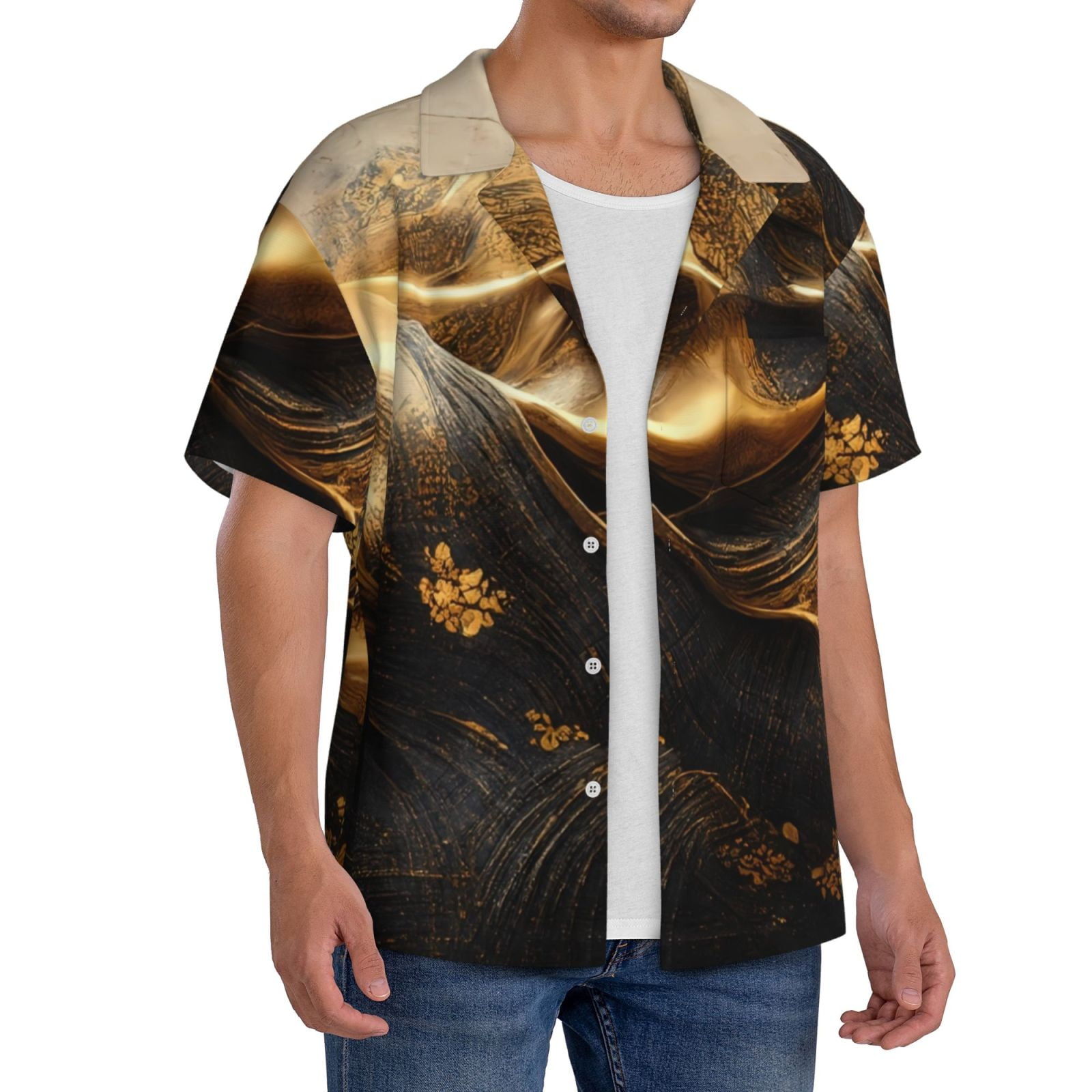 Picia Luxurious Gold Flow Men's Linen Shirts Short Sleeve Cuban Beach ...