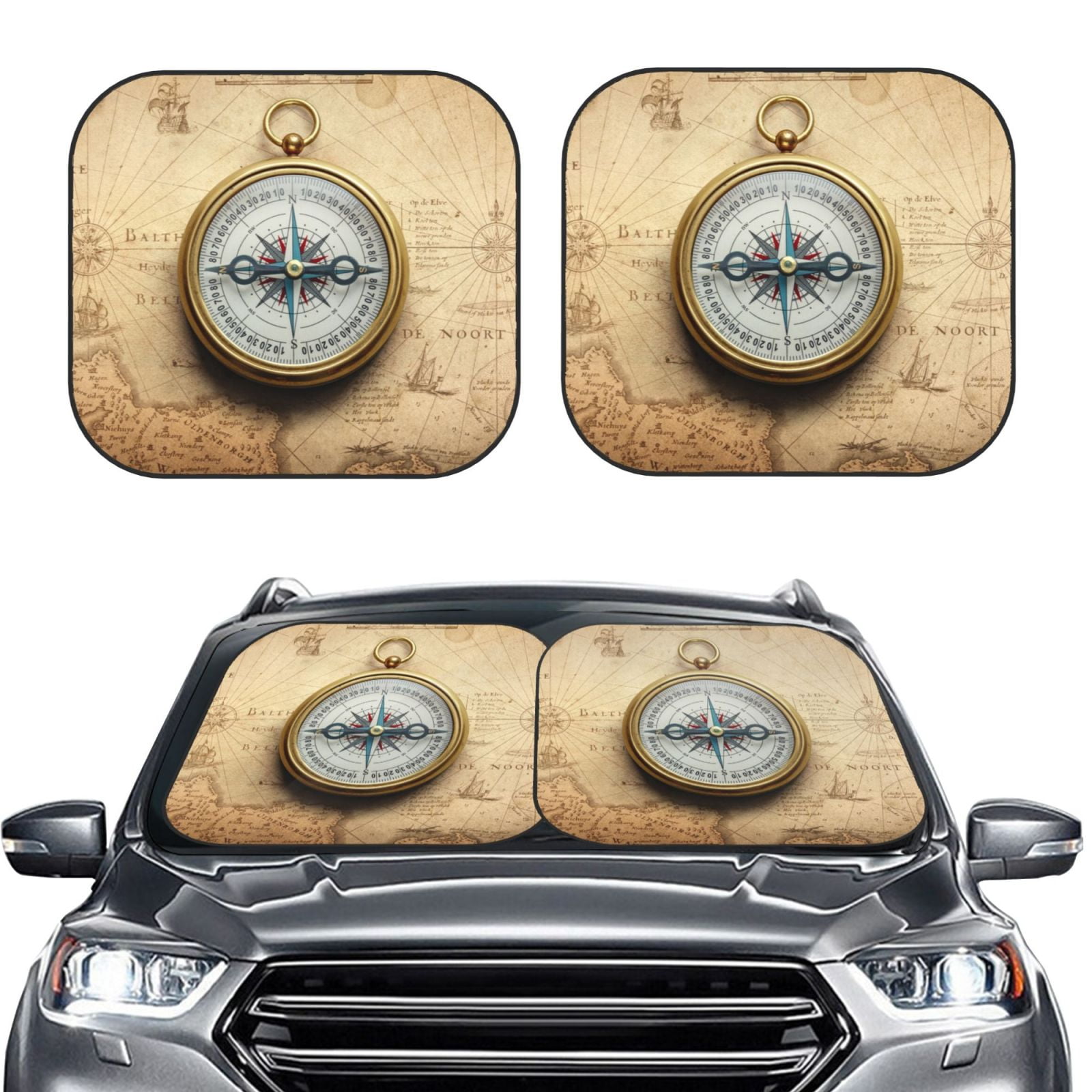 Picia Magnetic Old Compass On World Map 2 Piece Car Windshield Sun ...