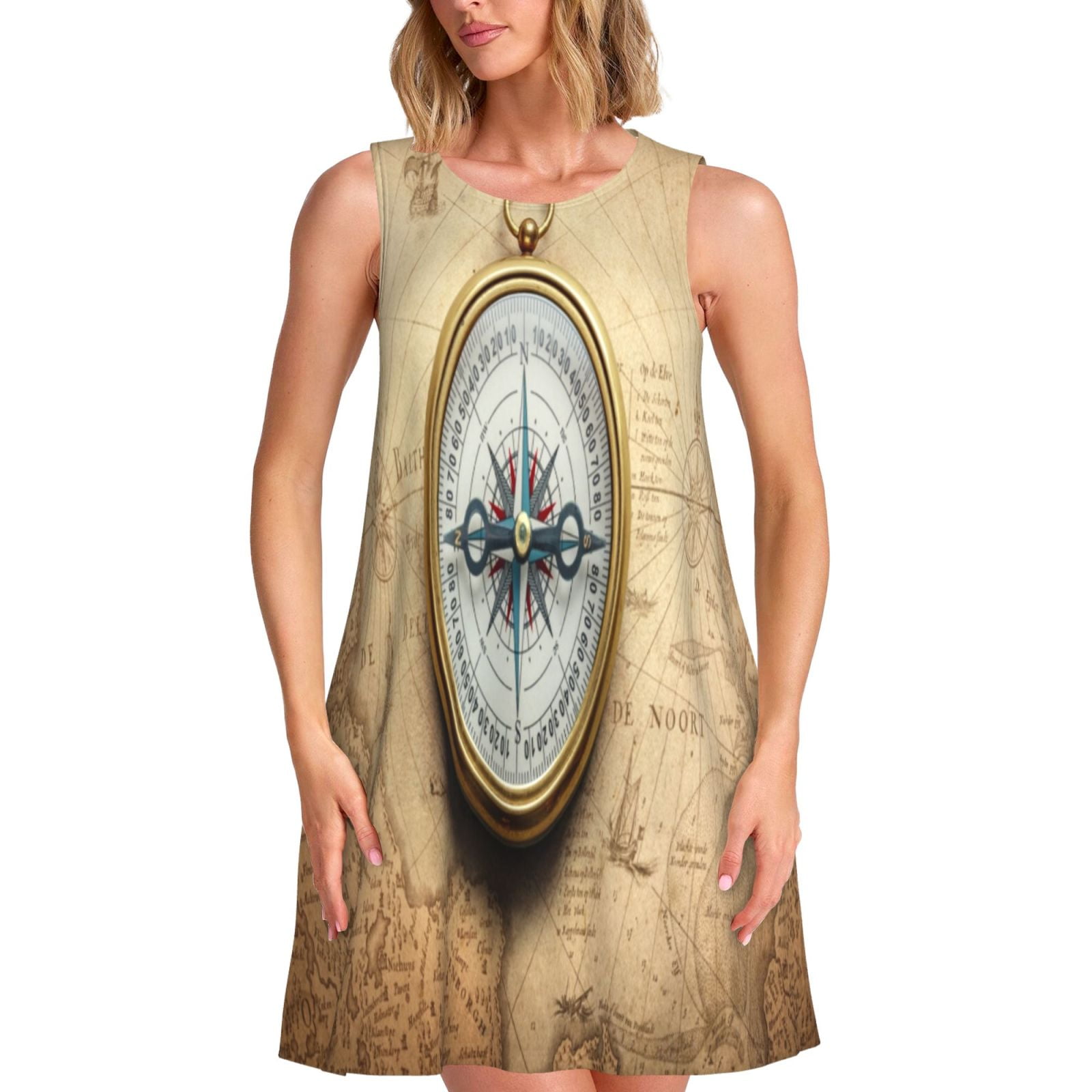Picia Magnetic Old Compass On World Map Print Women’s Sleeveless Midi ...