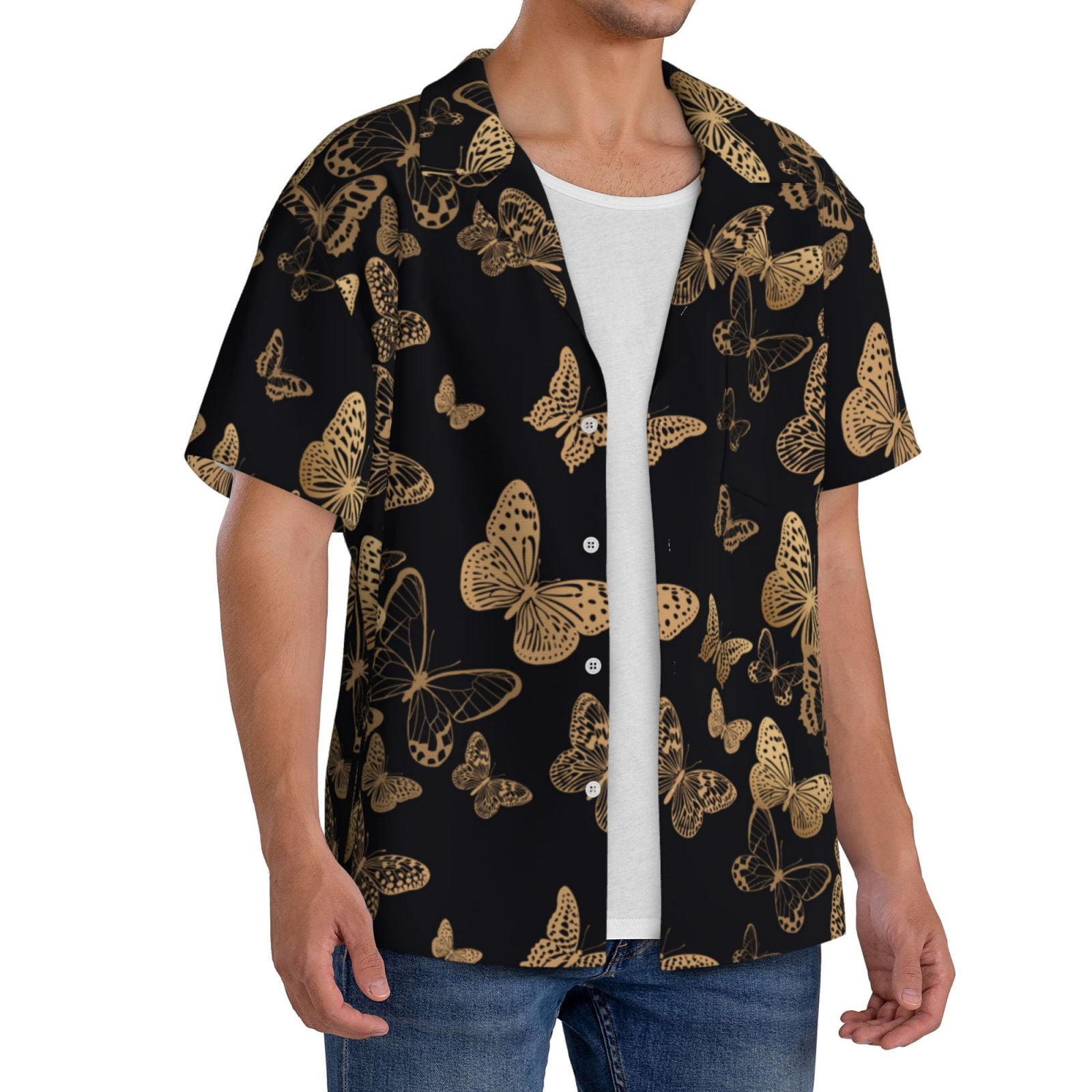 Picia Modern Golden Butterfly Men's Linen Shirts Short Sleeve Cuban ...