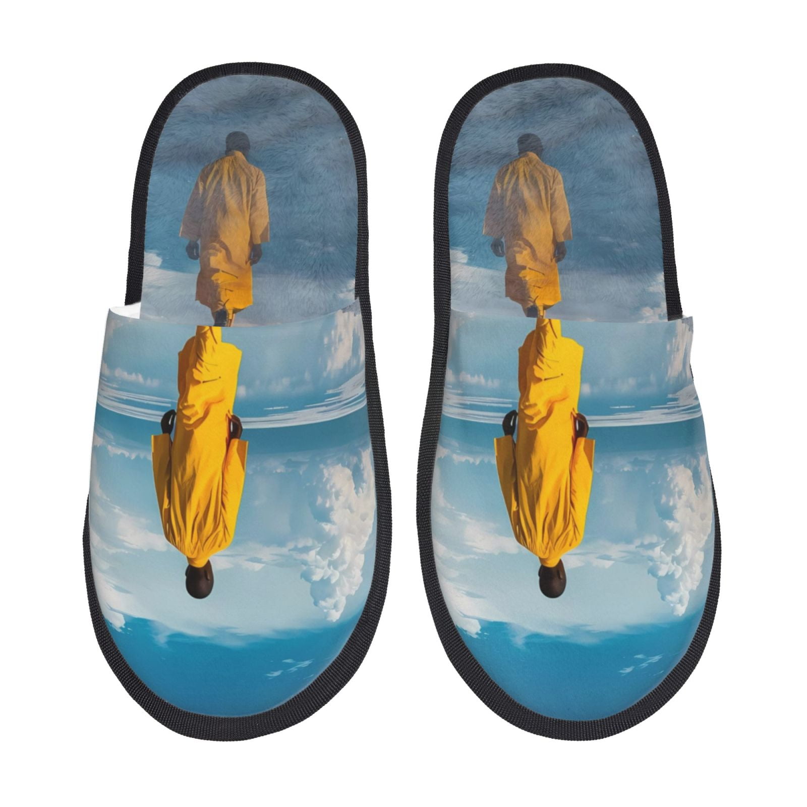 Picia Monk Walking On Water Print Women's Fuzzy Fluffy House Slippers ...