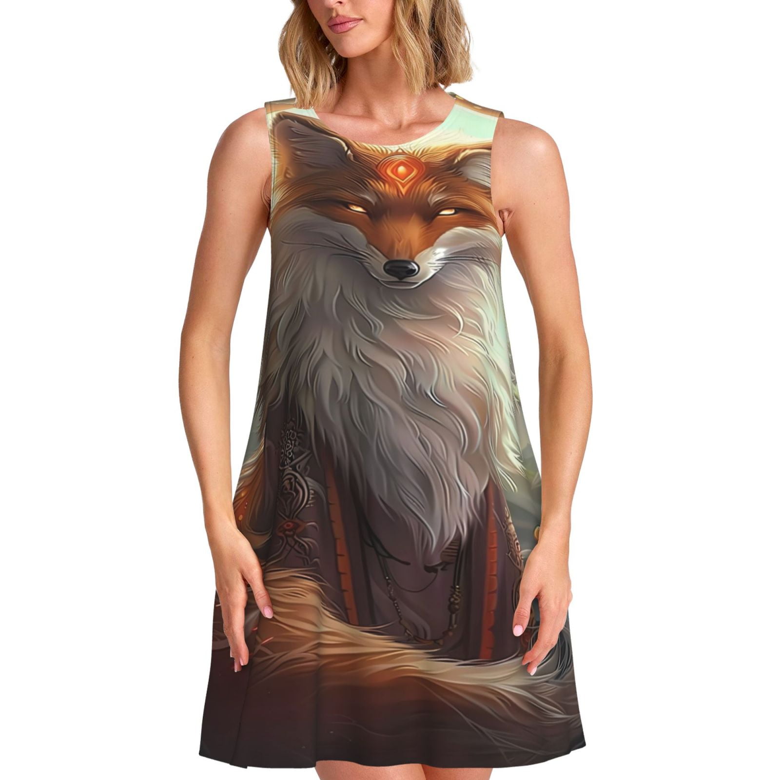 Picia Mystic Fox With Halo Print Women’s Sleeveless Midi Swing Dress ...
