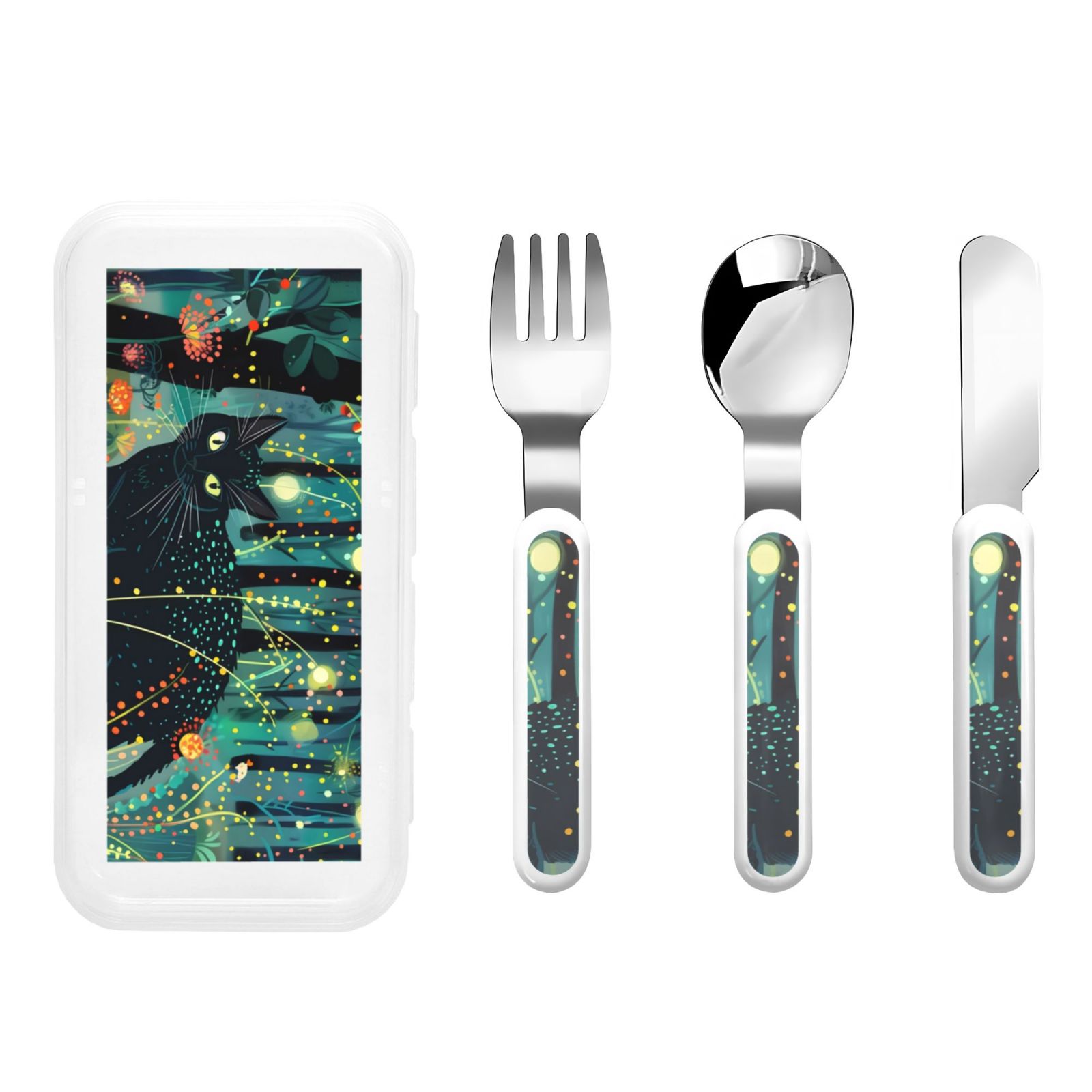 Picia Mystical Black Cat Fireflies Print Children's Knife, Fork And ...