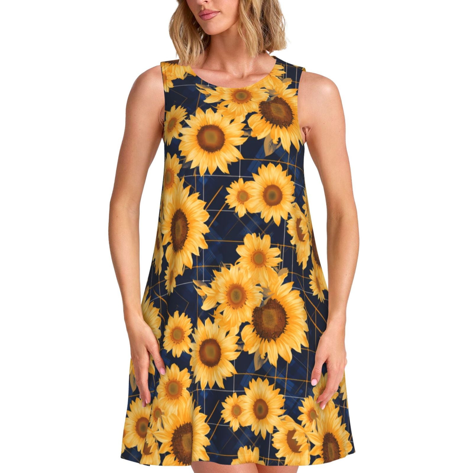 Picia Navy Blue Plaid Sunflower Print Women’s Sleeveless Midi Swing ...