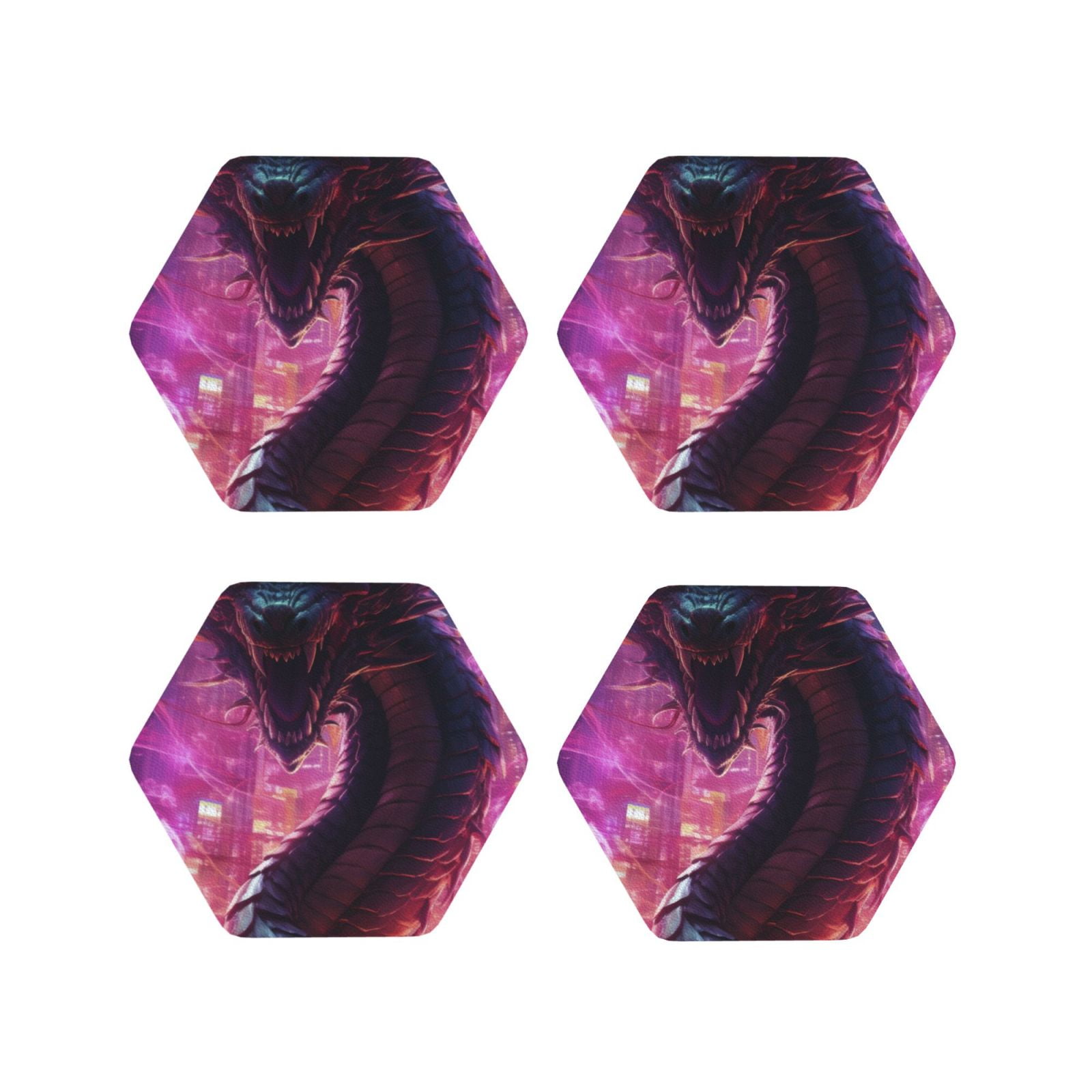 Picia Neon Futuristic Dragon Printed Leather Coasters for Drinks, 4 ...