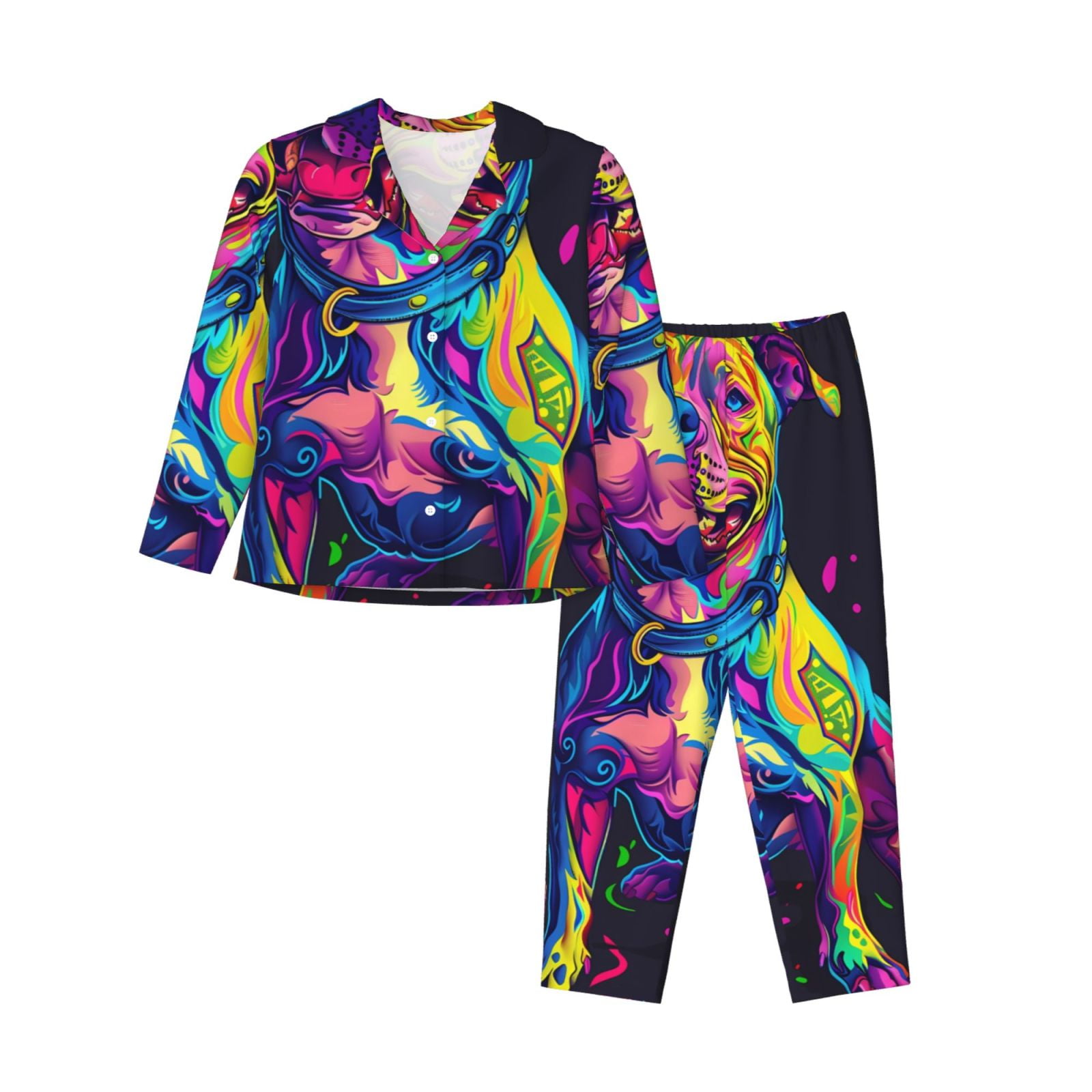 Picia Neon Pop Art Pitbull Pattern Women’s Long-Sleeve Sleepwear Set ...