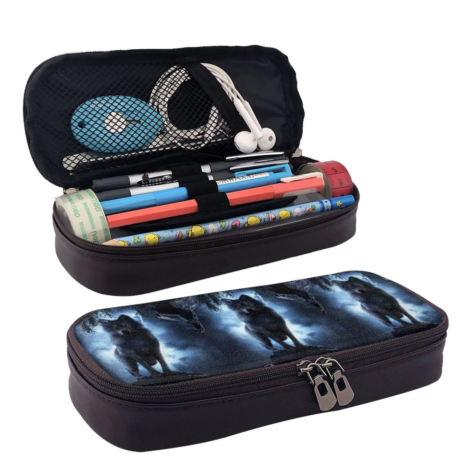 Picia Night Scene of Wolves Pattern Large Capacity PU Leather Pencil ...