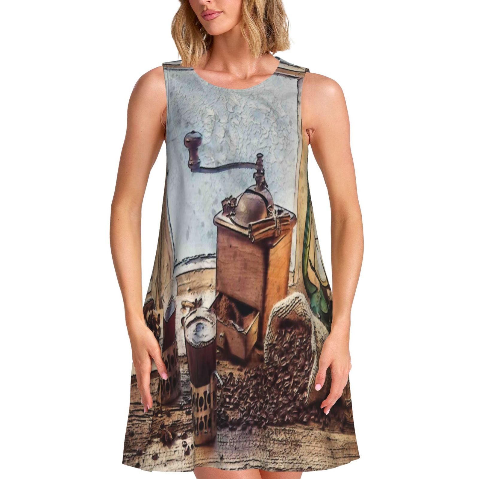 Picia Oil Lamp Coffee Beans Print Women’s Sleeveless Midi Swing Dress ...