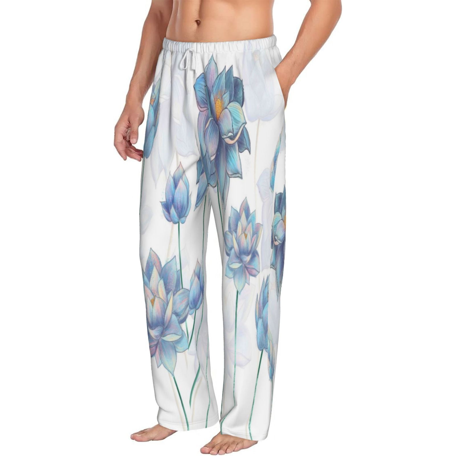 Picia Pale Blue Lotus Flowers Mens Soft Woven Cotton Elastic Waistband ...