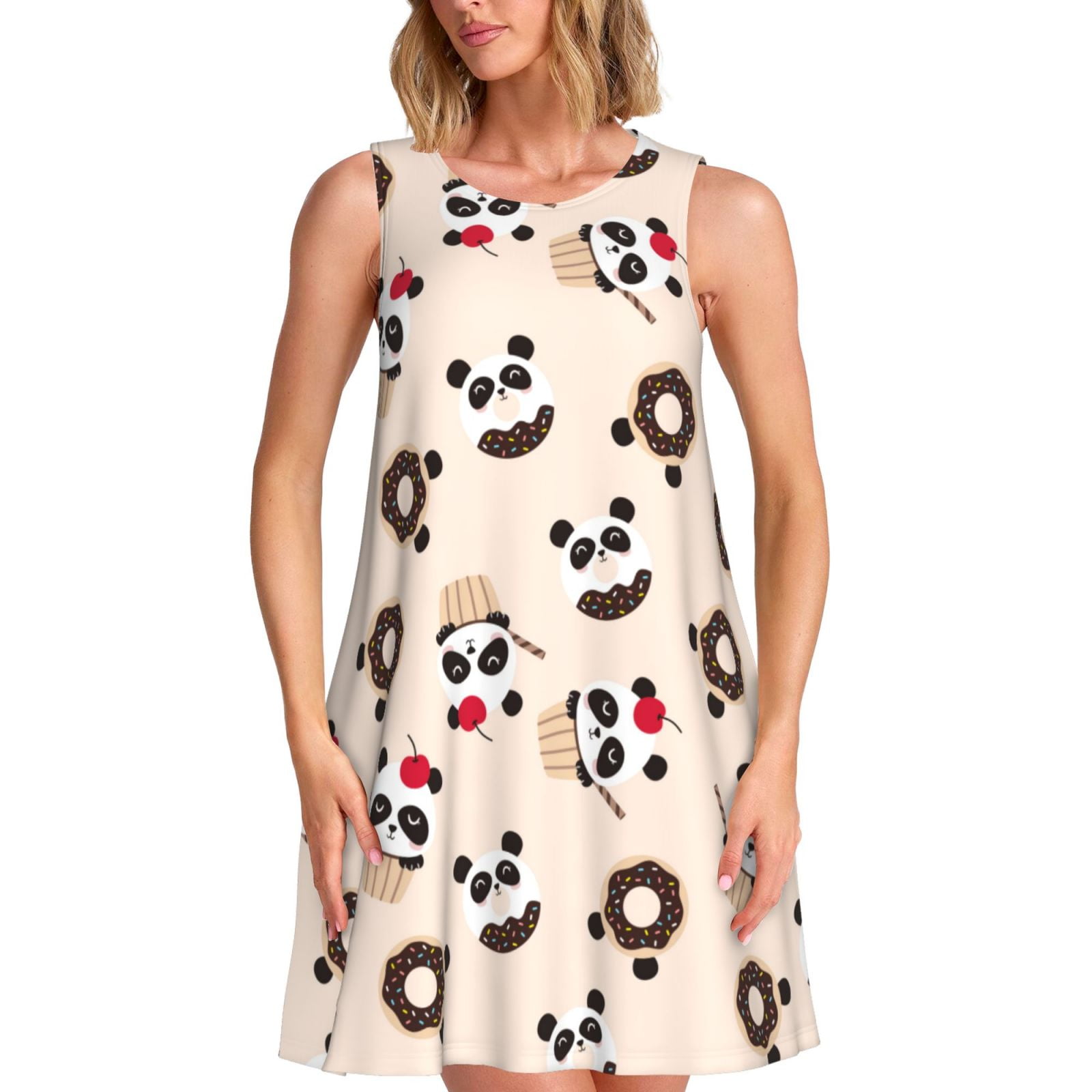 Picia Panda Ice Creams Donuts Print Women’s Sleeveless Midi Swing Dress ...