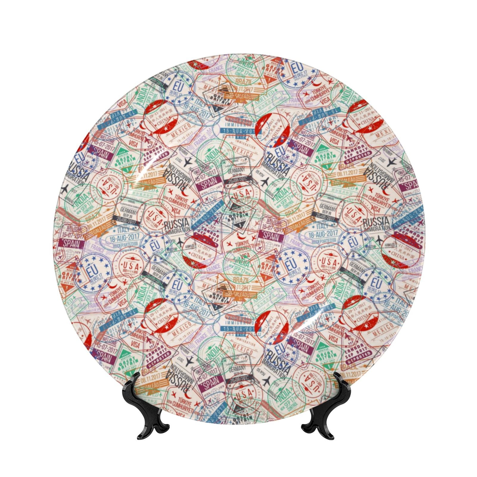 Picia Passport Stamp Pattern Bone China Decorative Plate – Wall Decor ...