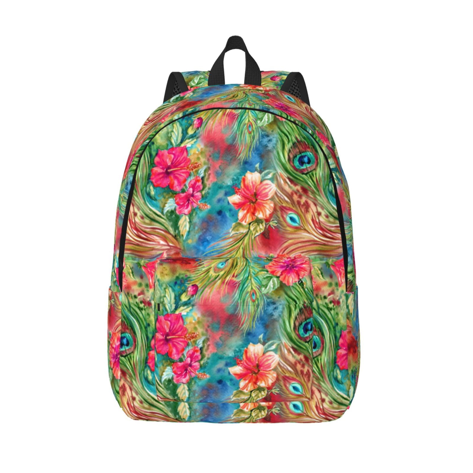 Picia Peacock Feathers And Flowers Printed Canvas Daypack - Stylish and ...