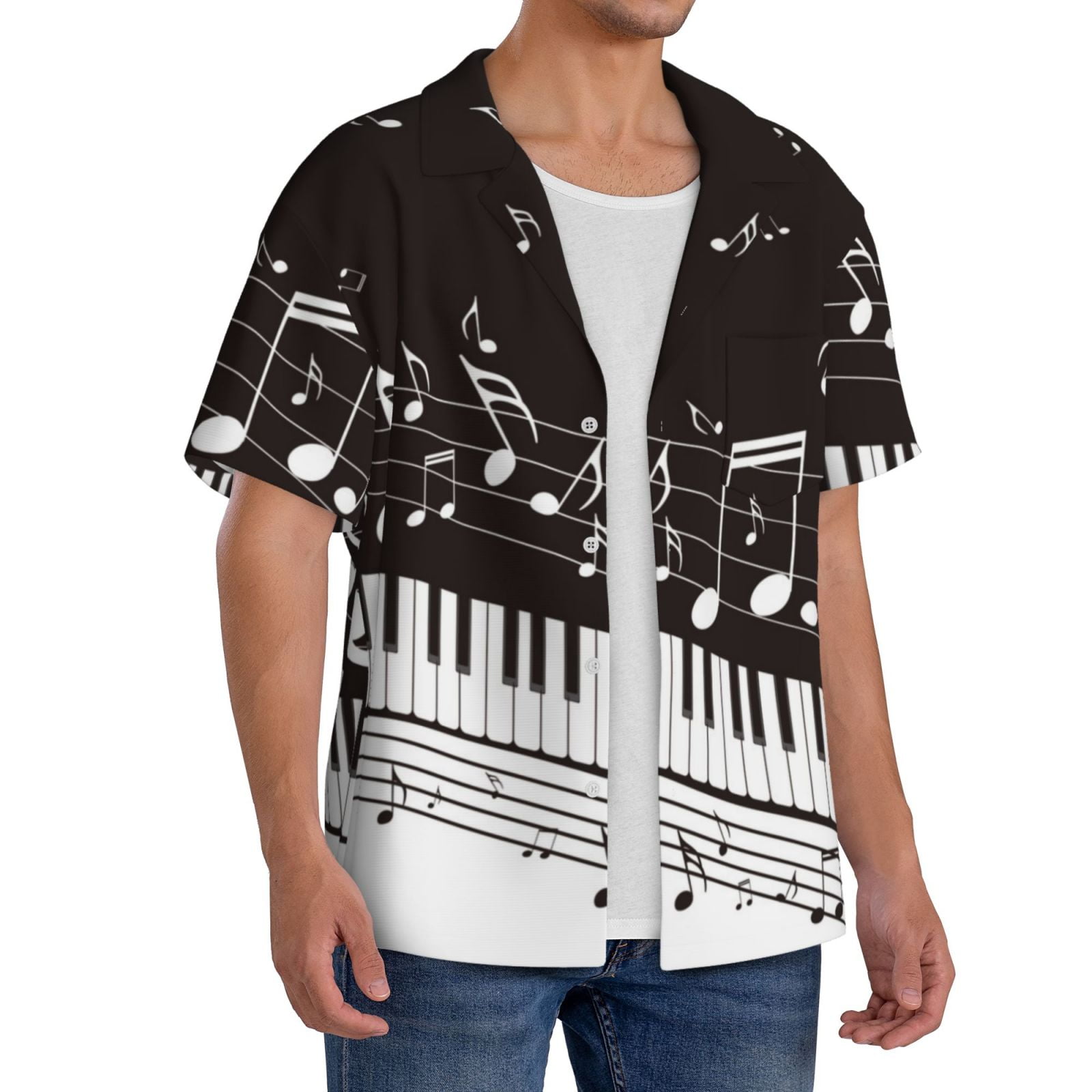 Picia Piano Keys With Musical Notes Men's Linen Shirts Short Sleeve ...