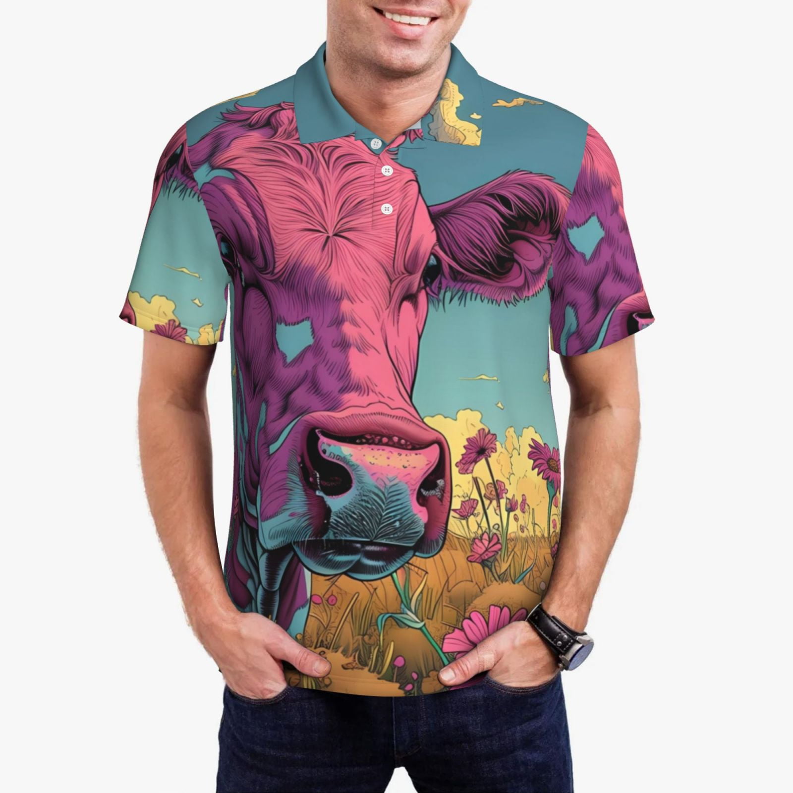 Picia Pink Cow In Sunflower Field Print Men's Polo Shirt, Two-Button ...