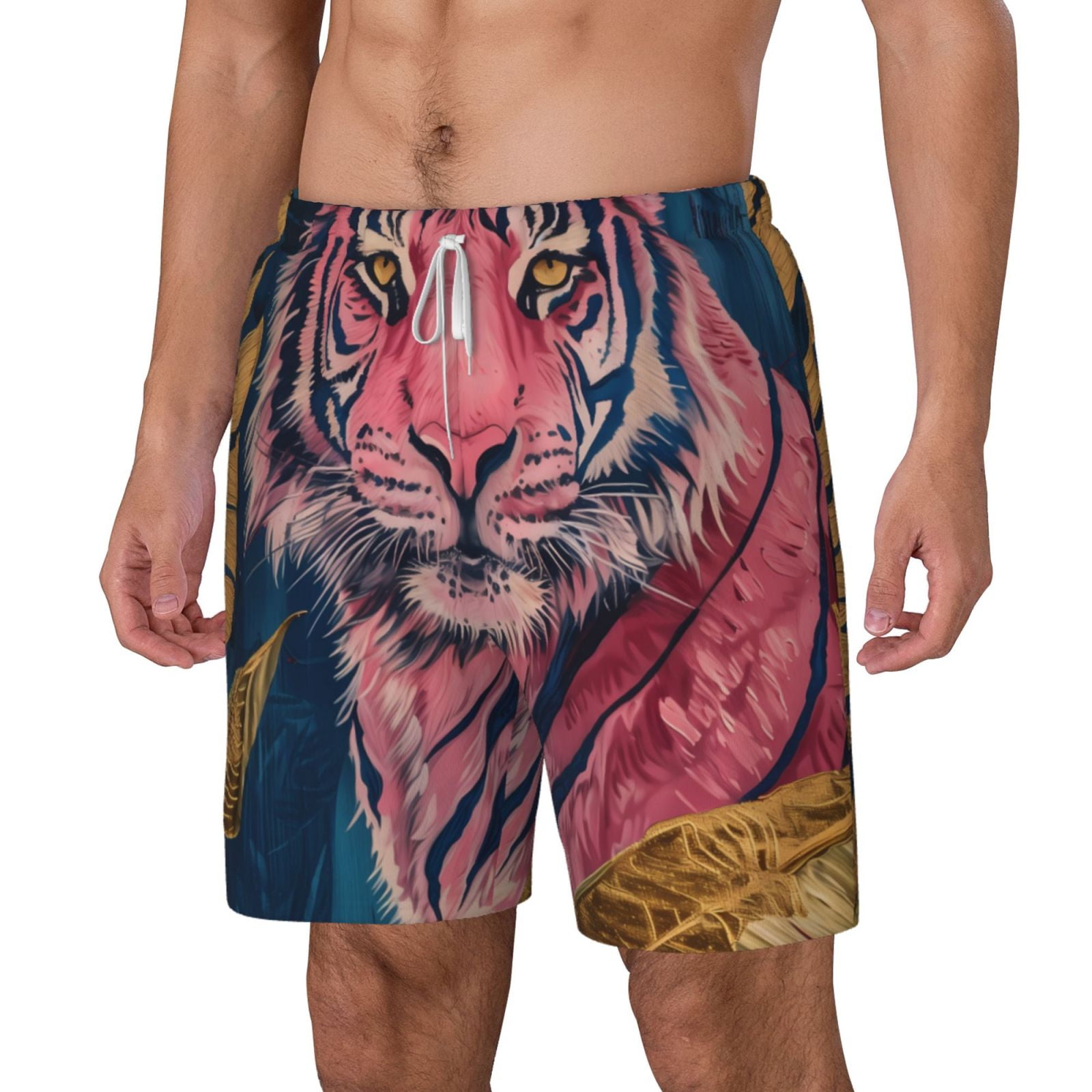 Picia Pink Tiger Gold Leaves pattern Mens Swim Trunks with Compression ...