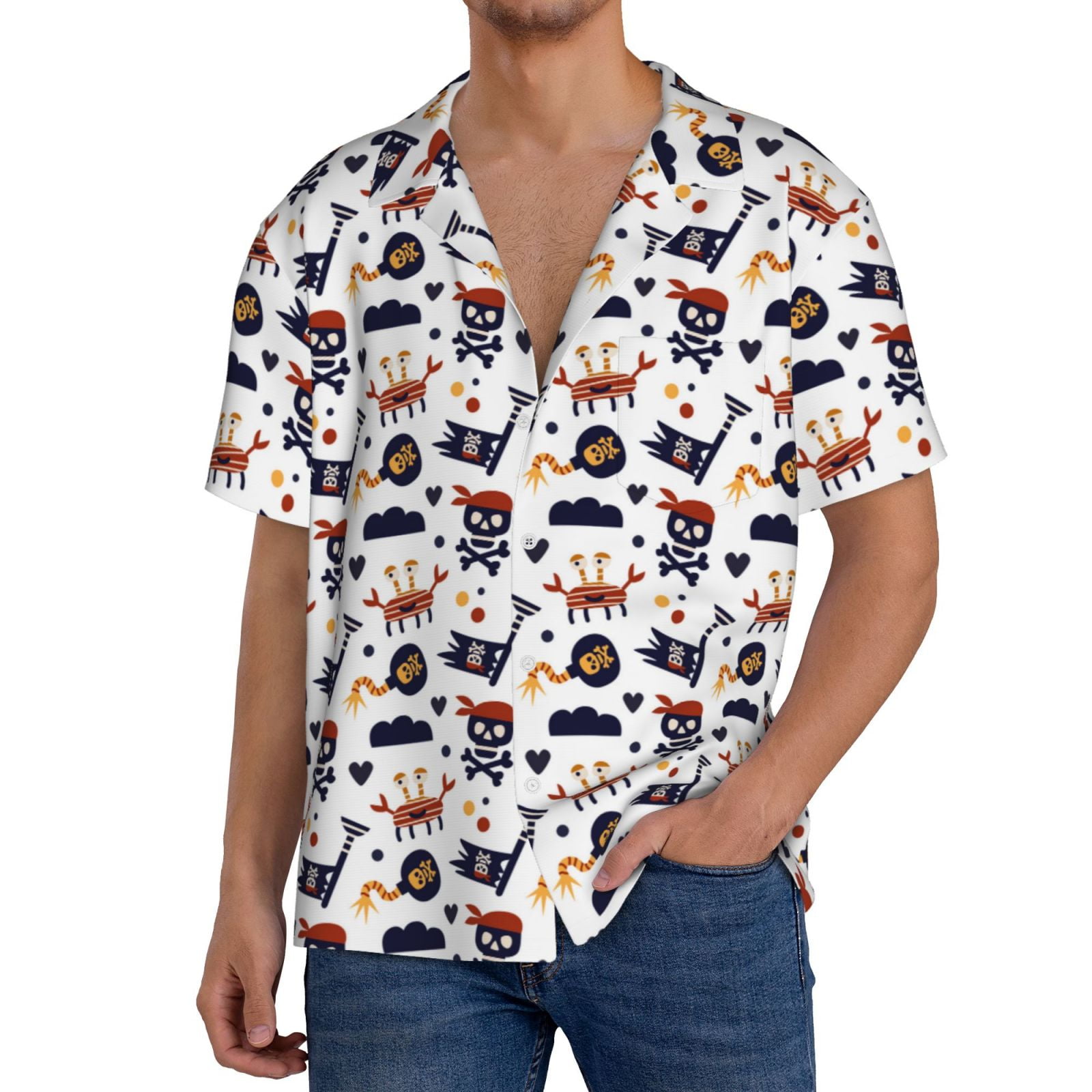 Picia Pirate skulls Pattern Men's Linen Shirts Short Sleeve Cuban Beach ...