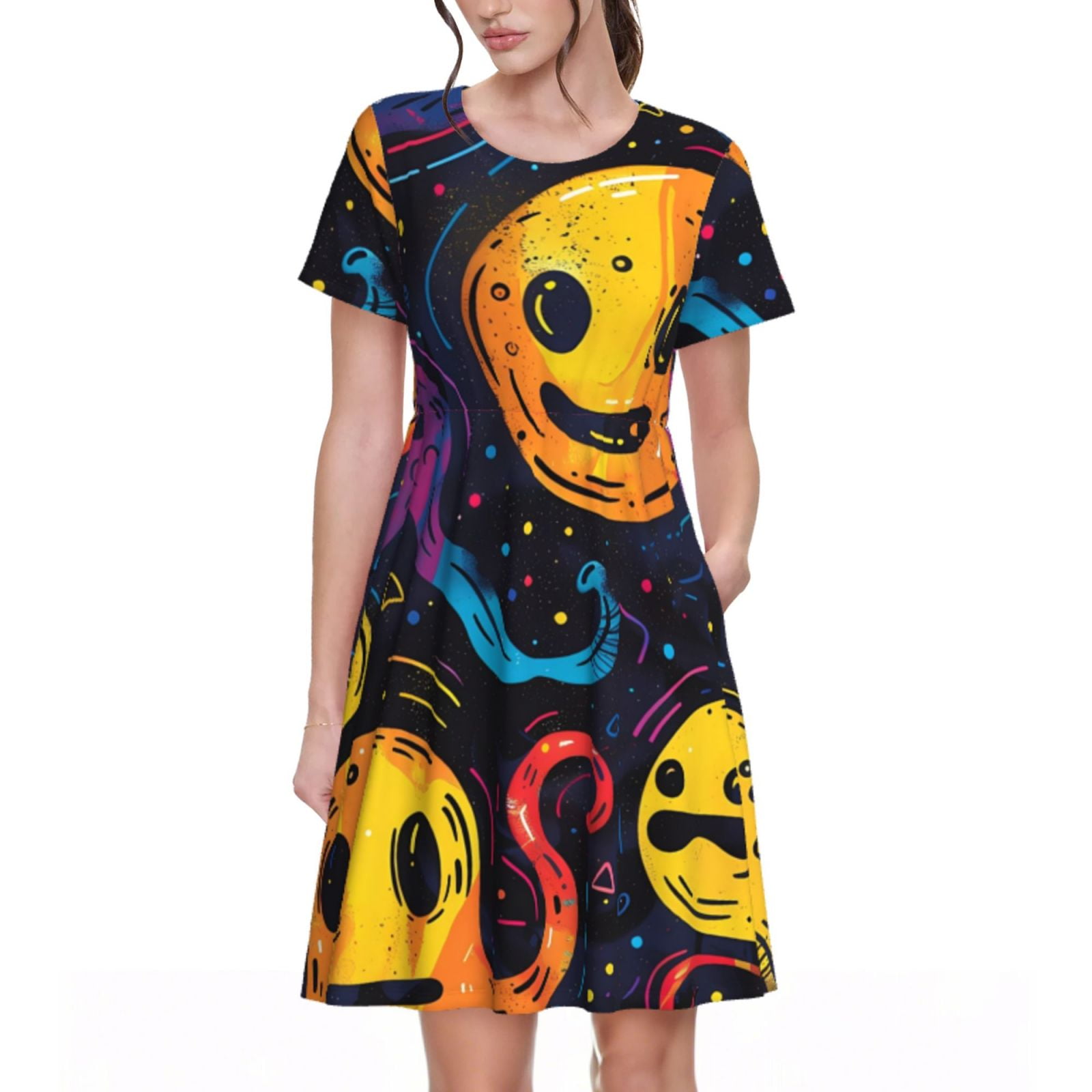 Picia Playful Ghosts Night Sky Pattern Women's Short Sleeve Summer Dress Pleated Loose Swing ...