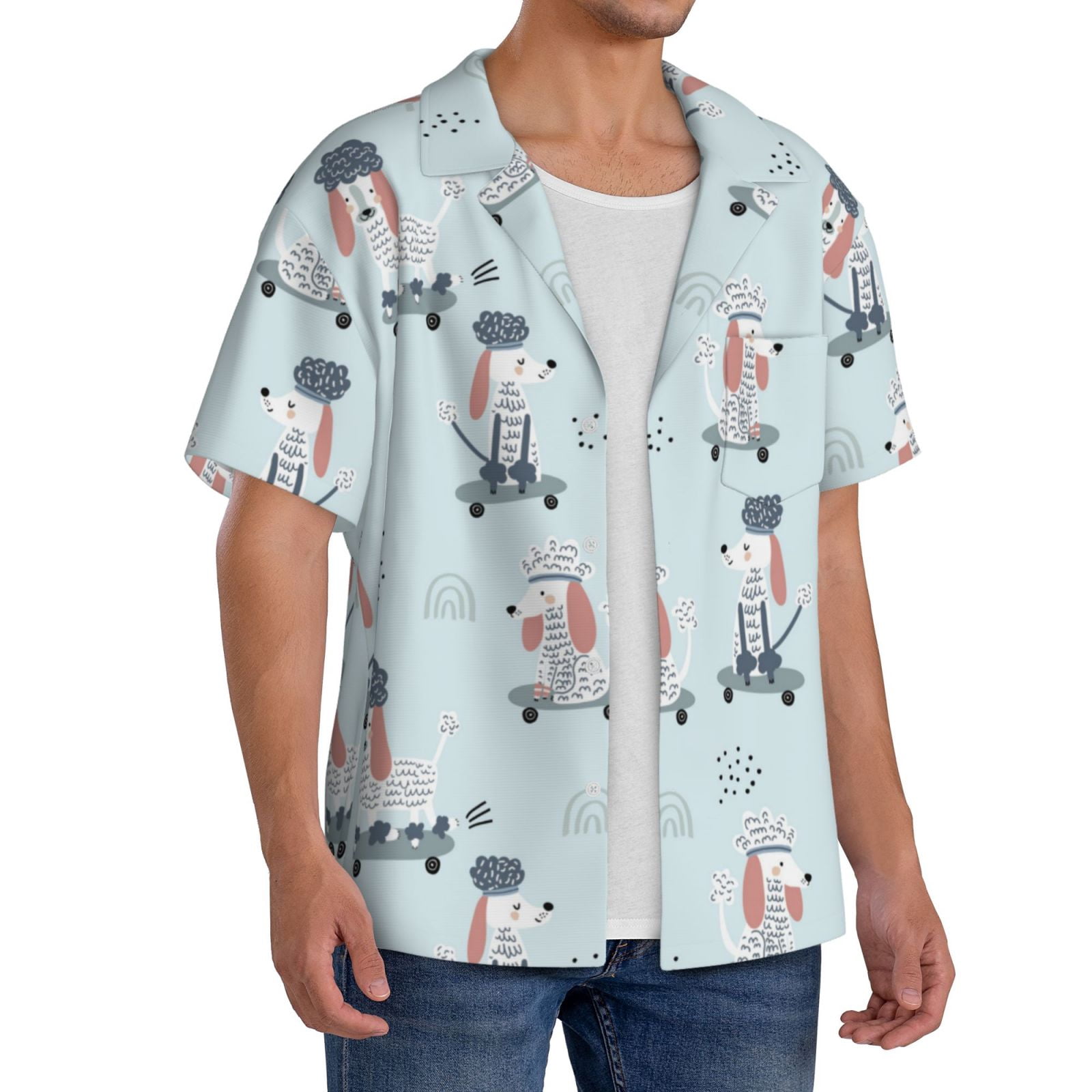 Picia Poodle Playing Skateboard Men's Linen Shirts Short Sleeve Cuban ...