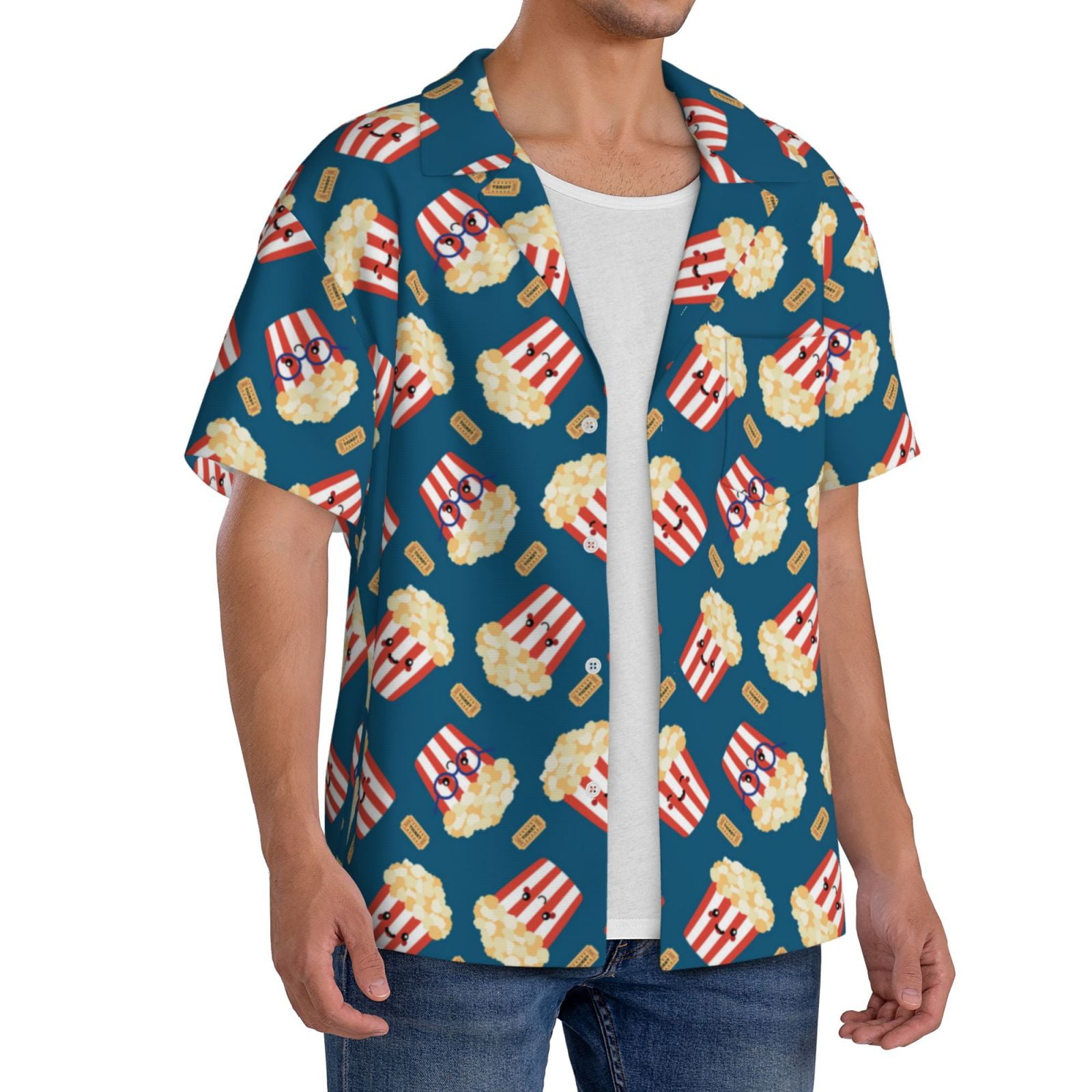 Picia Popcorn With Glasses Men's Linen Shirts Short Sleeve Cuban Beach ...