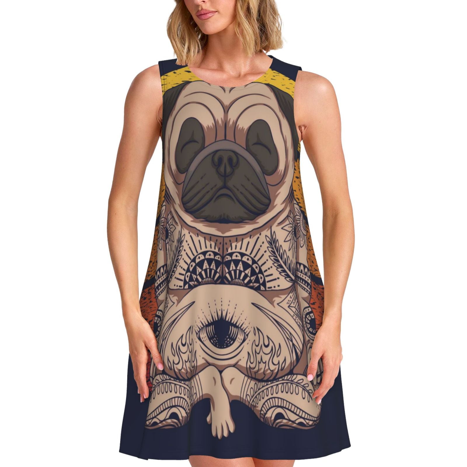 Picia Pug dog Yoga Print Women’s Sleeveless Midi Swing Dress – A-Line ...