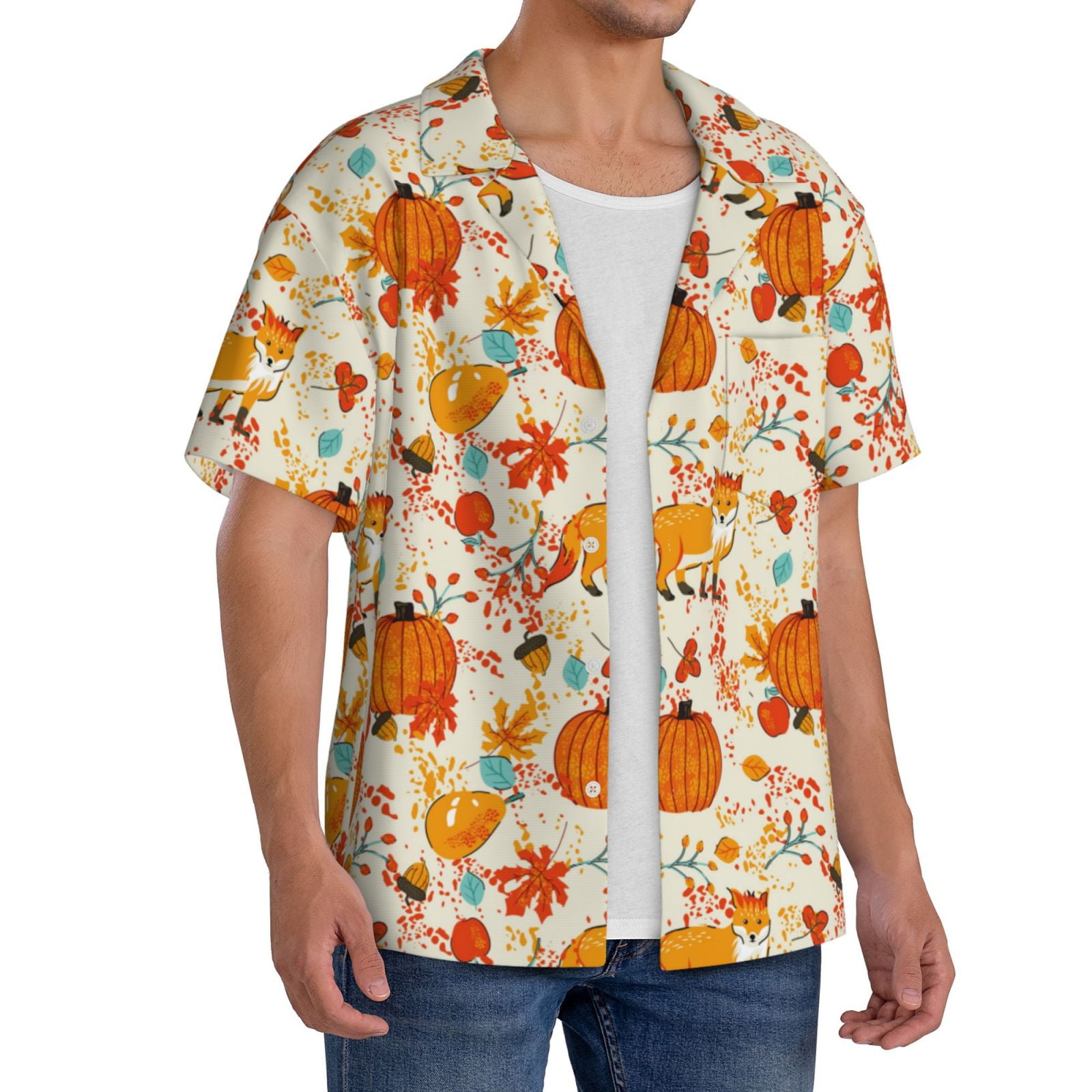 Picia Pumpkin Fall Pears Men's Linen Shirts Short Sleeve Cuban Beach ...