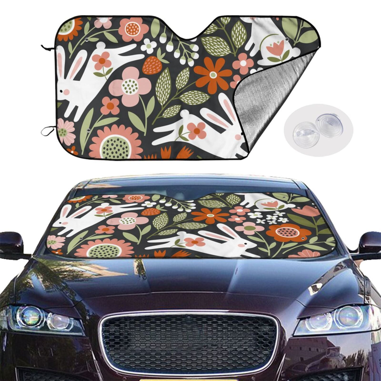 Picia Rabbits on Floral Curved Windshield Sunshade Accordion Folding ...