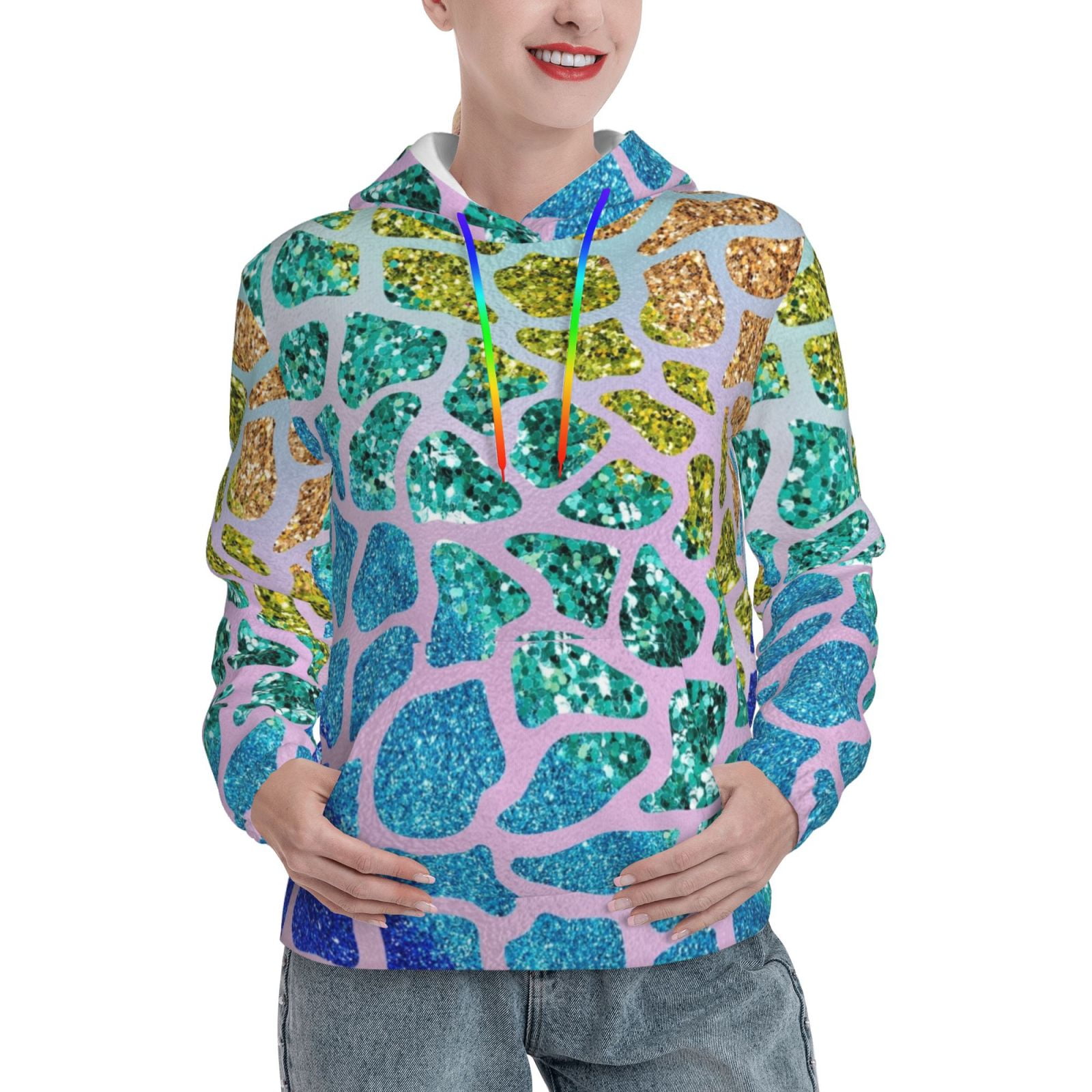 Picia Rainbow Glitter Pattern Casual Women's Hoodie, Hooded Sweatshirt ...