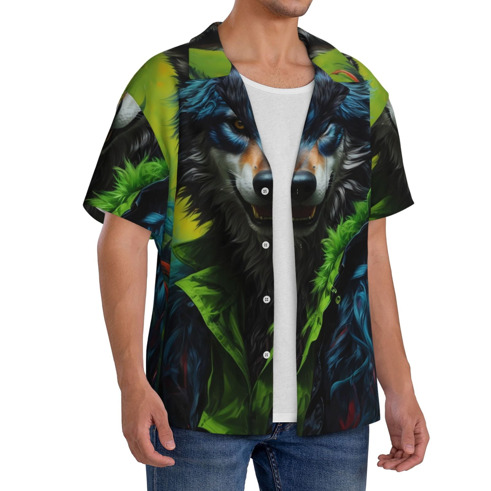 Picia Realistic Style Wolf Warrior Men's Linen Shirts Short Sleeve ...
