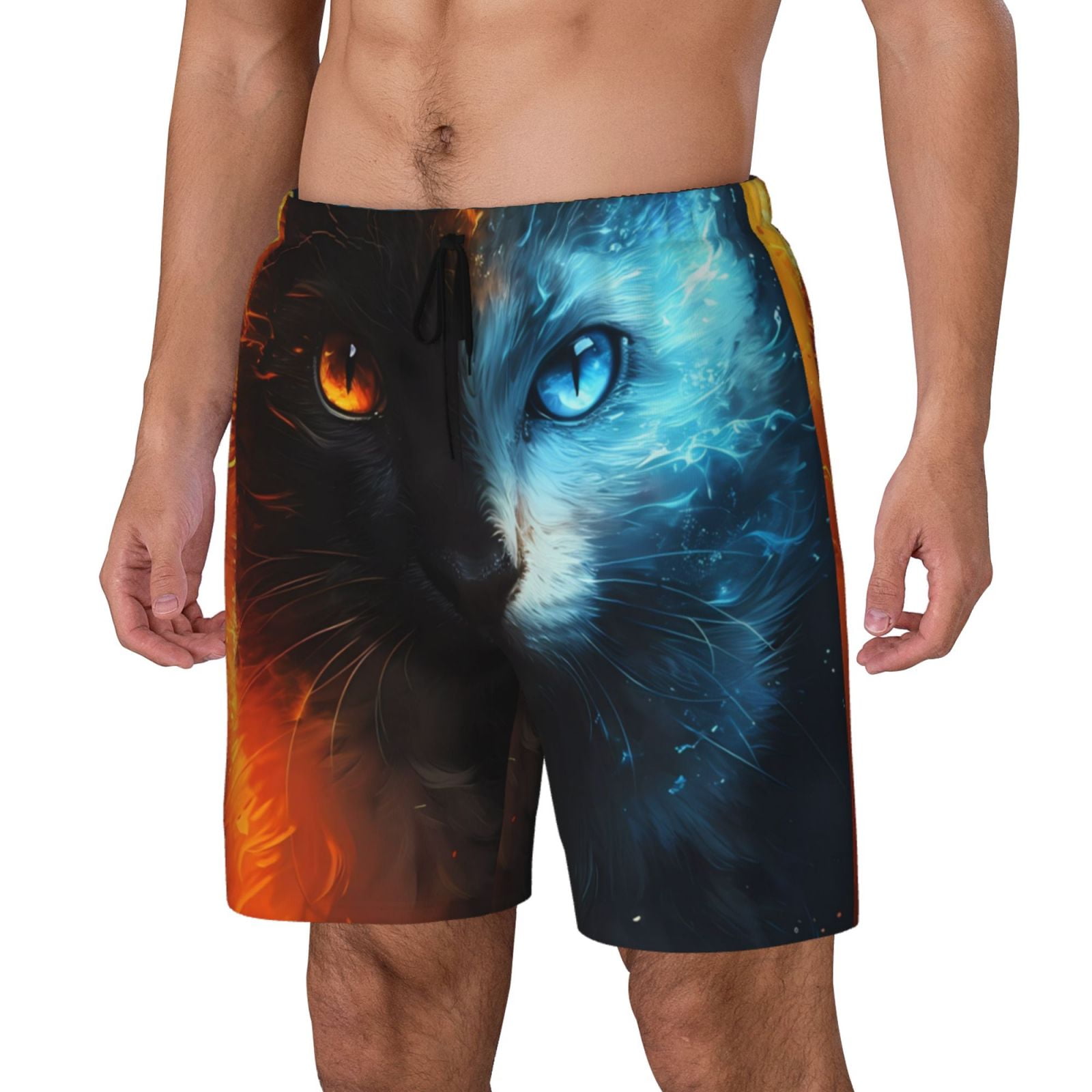 Picia Red And Blue Fire Cat pattern Mens Swim Trunks with Compression ...